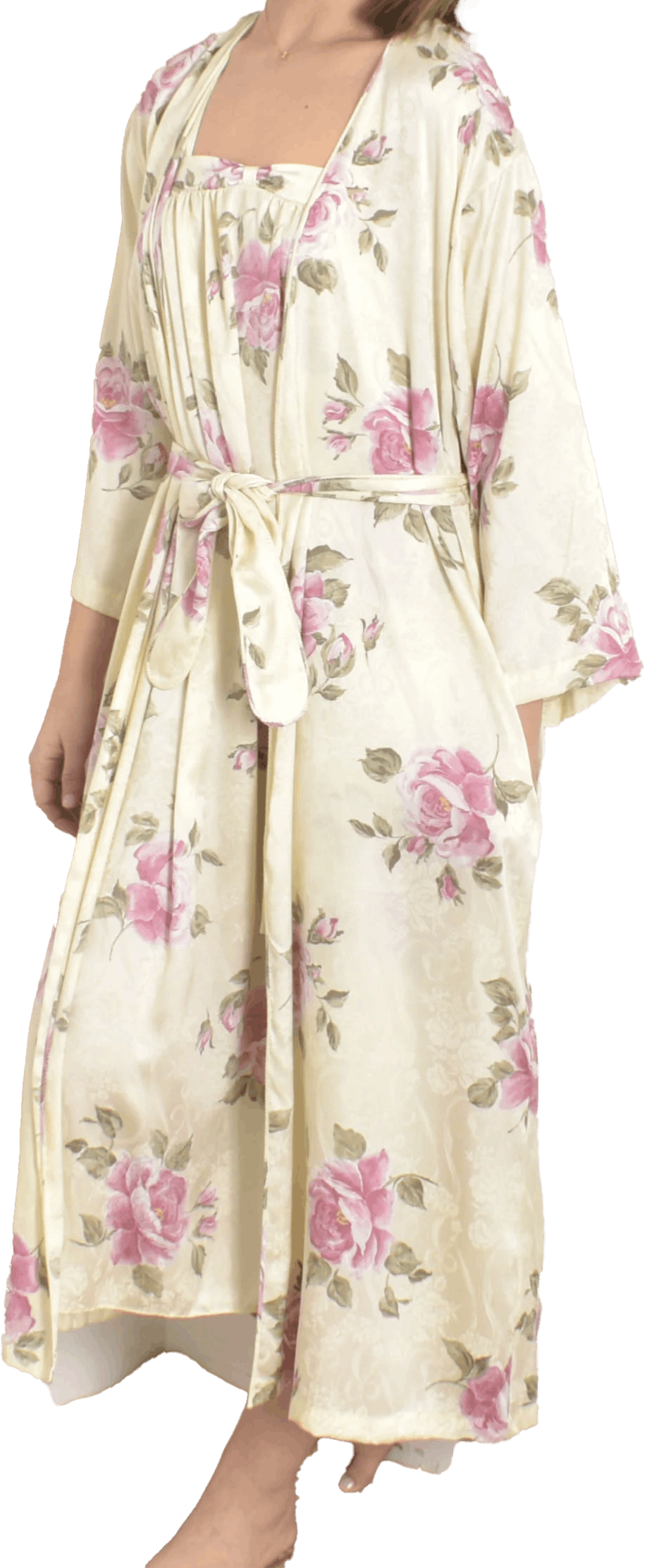 Vintage 80s White Pink Rose Print Negligee and Robe Lounge Set by Mary ...