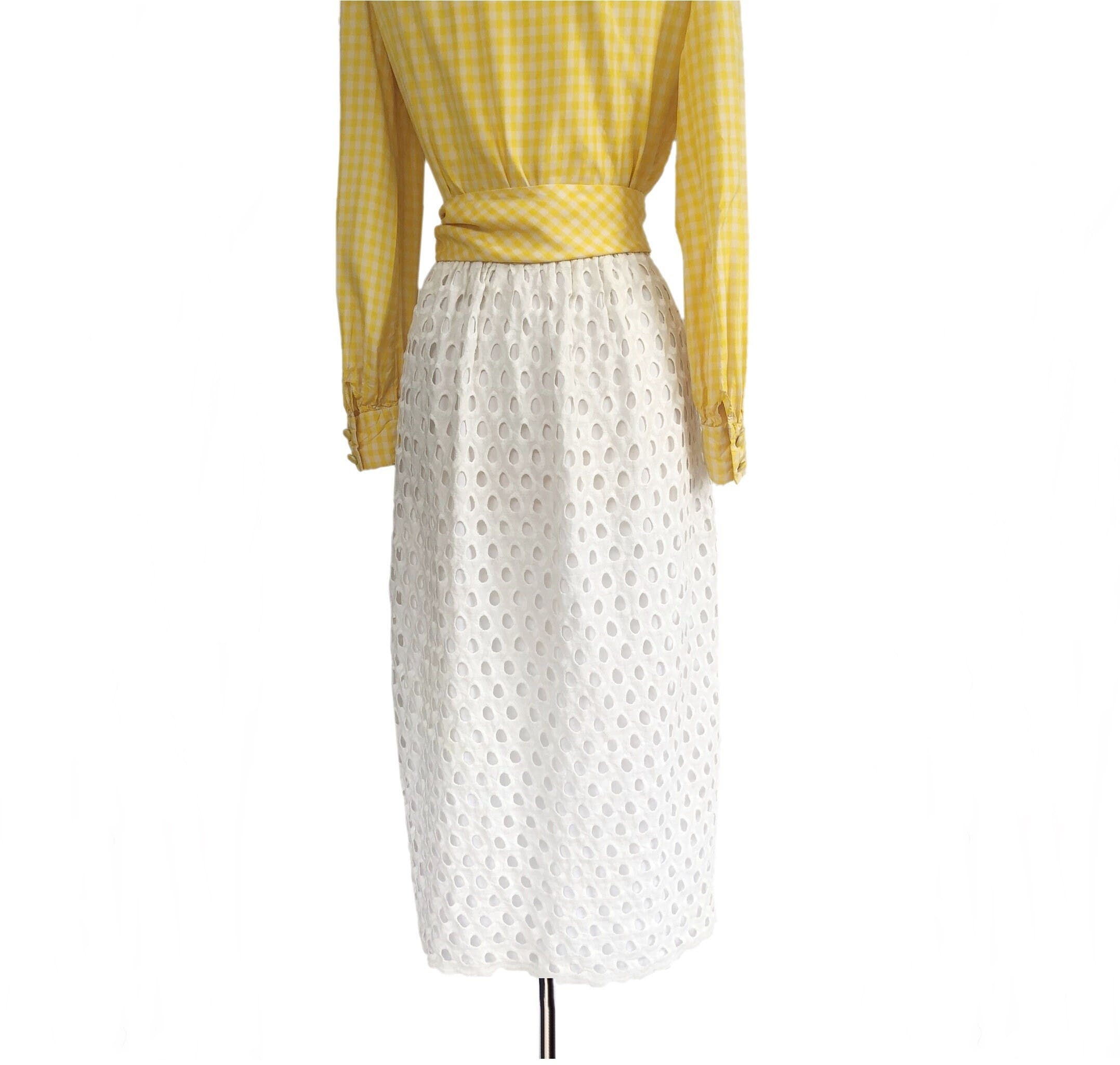 Vintage 60’s White Eyelet Lace and Yellow Check Maxi Dress by Chuck ...