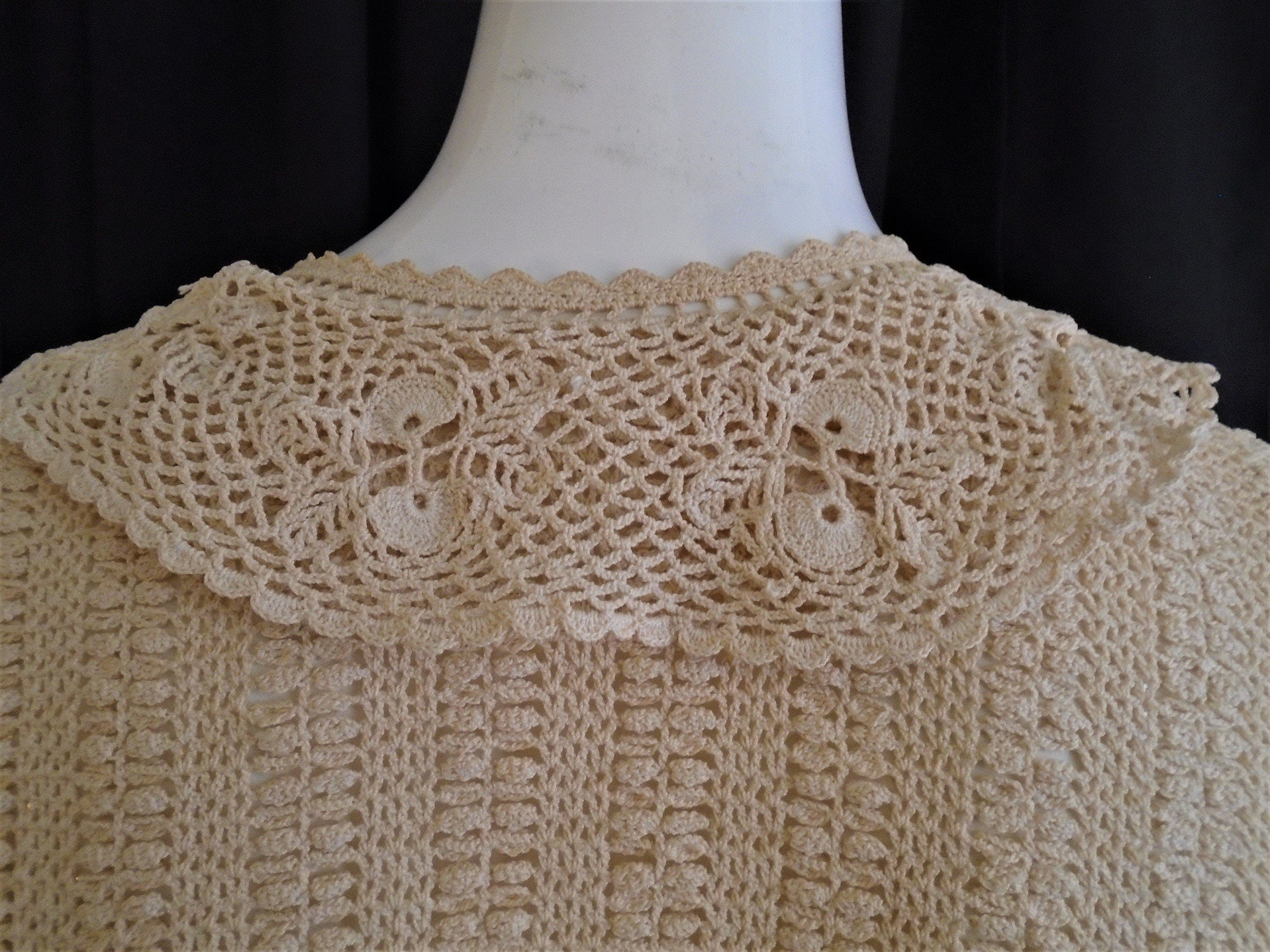 Vintage 60’s Beige Crochet Ruffle Collar Short Sleeve Button Up | Shop ...