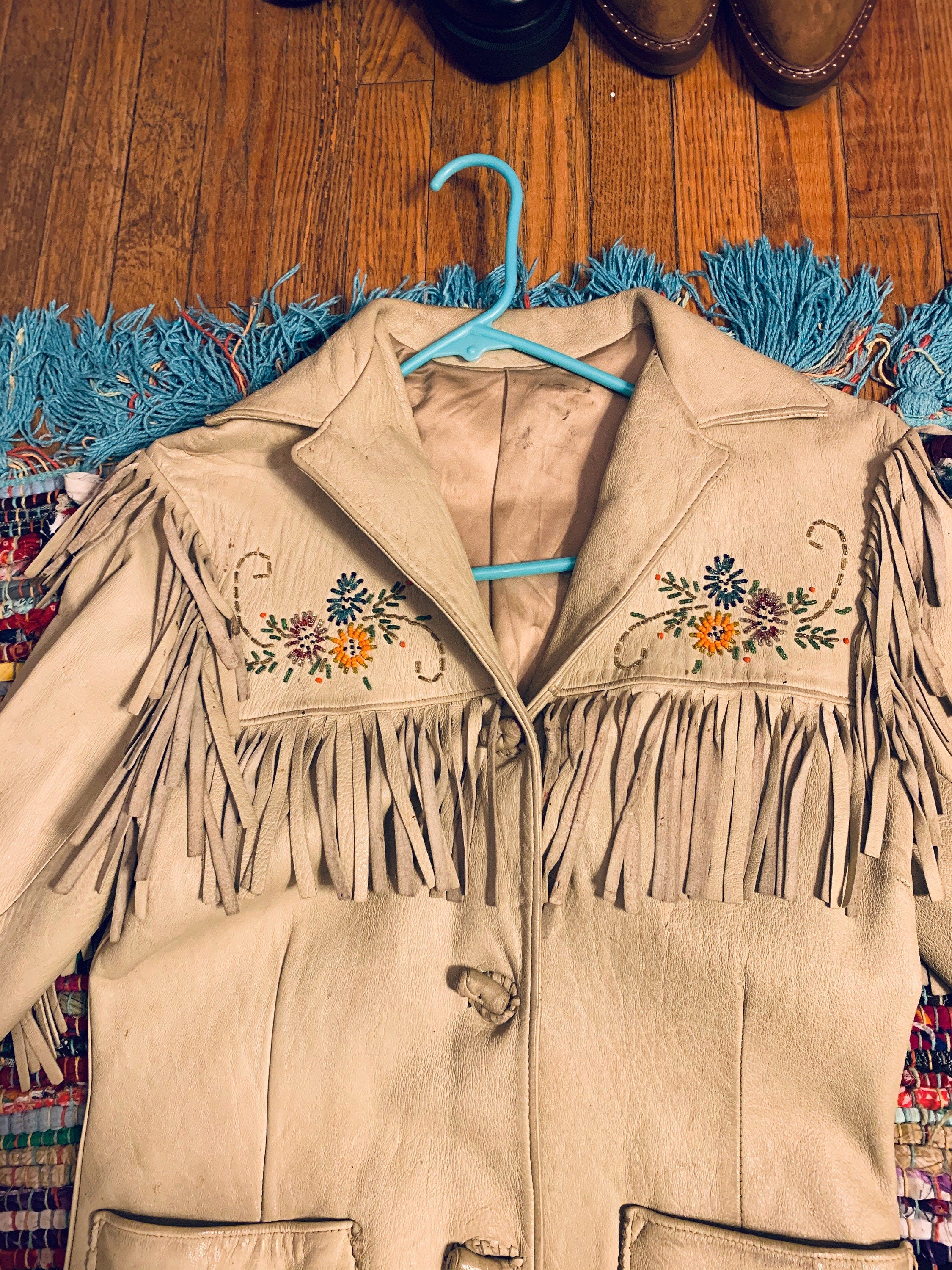 Vintage 50's Beige Beaded Fringed Leather Jacket by Chris Line ...