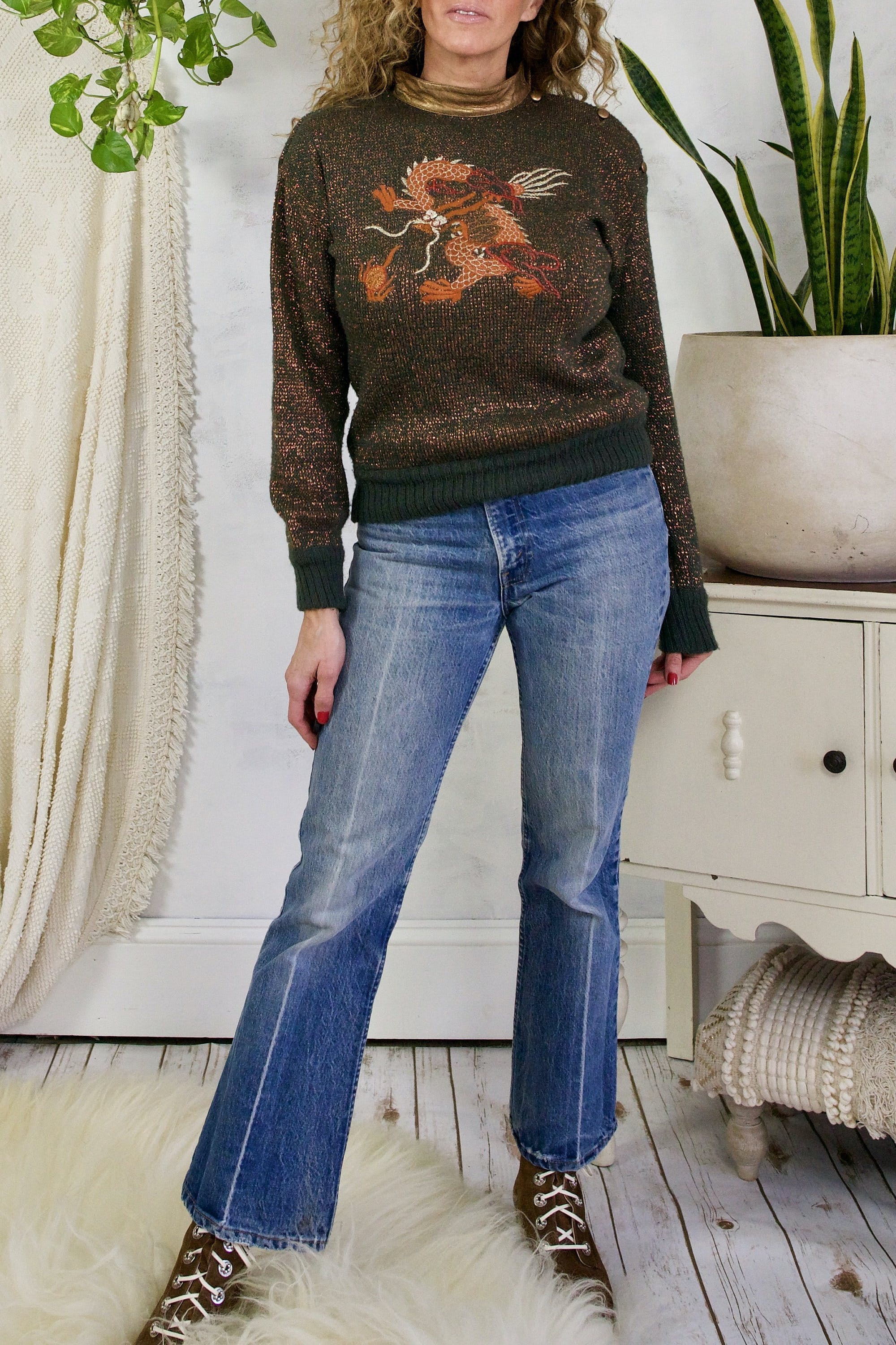 Vintage 70's Metallic Embroidered Bronze Dragon Graphic Sweater | Shop ...