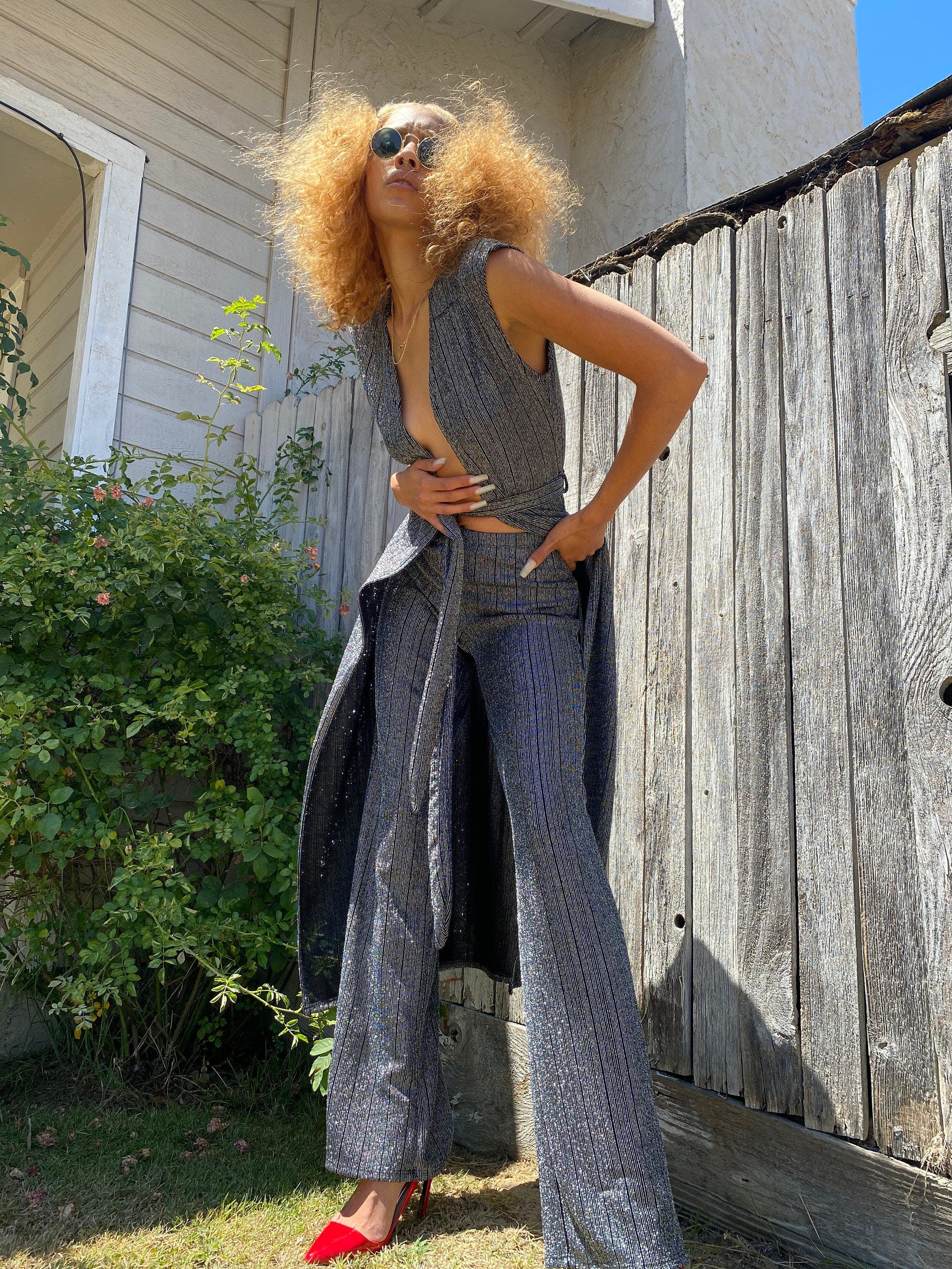 Vintage 60's/70's Metallic Silver Plunging Neck Disco Outfit | Shop ...