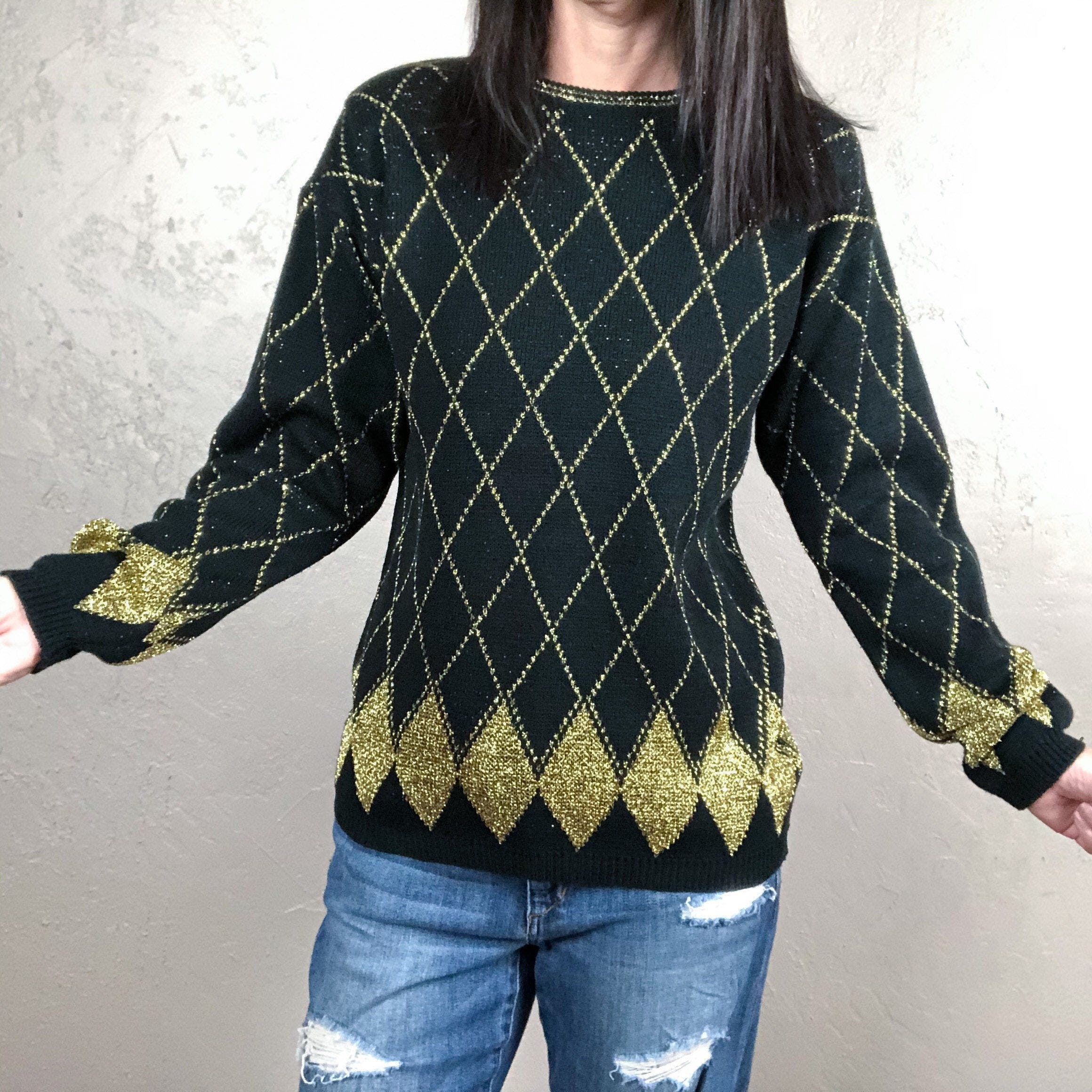 Vintage 80s Black Metallic Gold Diamond Pattern Sweater By Koret | Shop ...