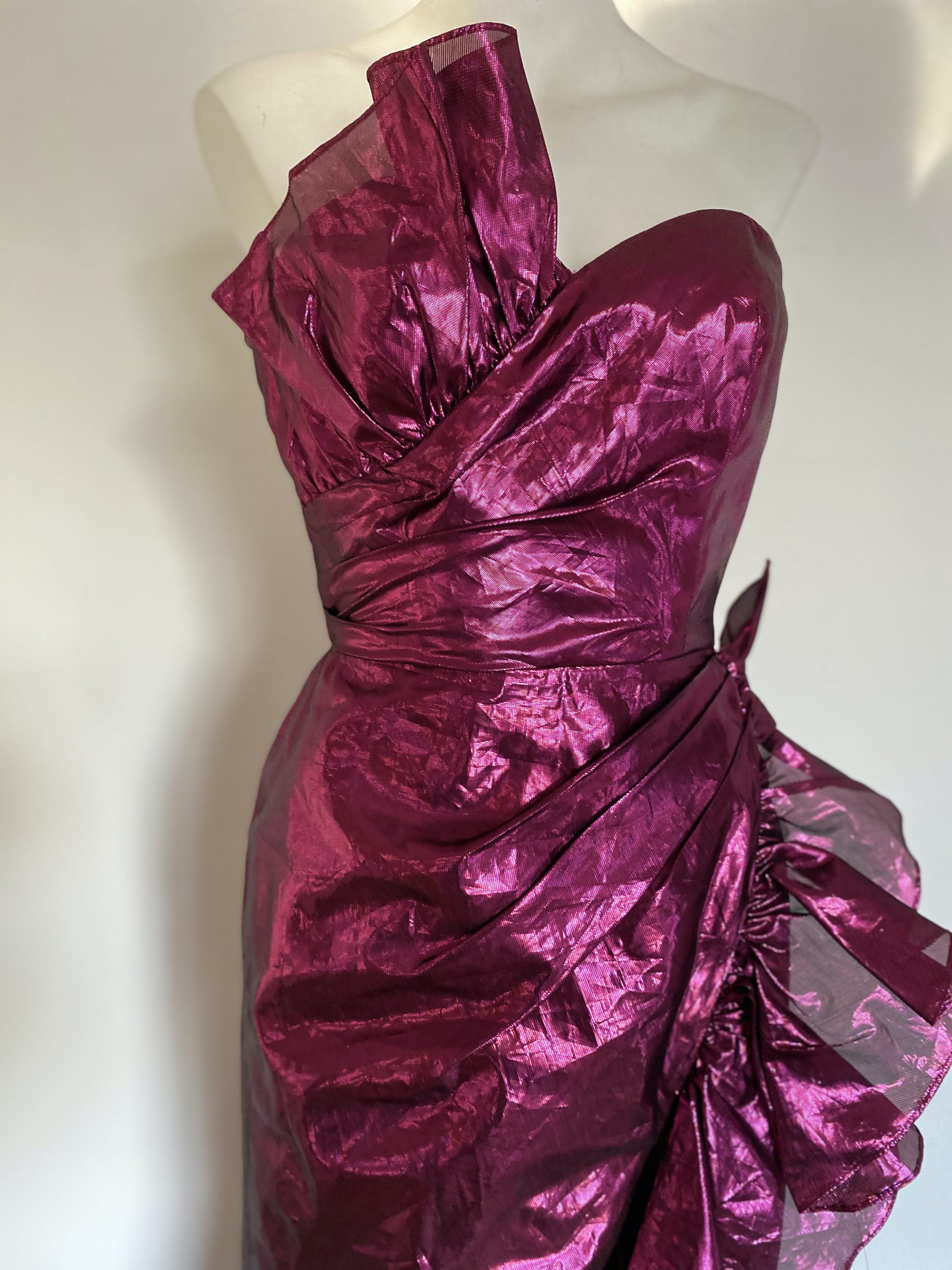 Vintage 80's Metallic Mauve Faux Wrap Ruffle Trim Dress | Shop THRILLING