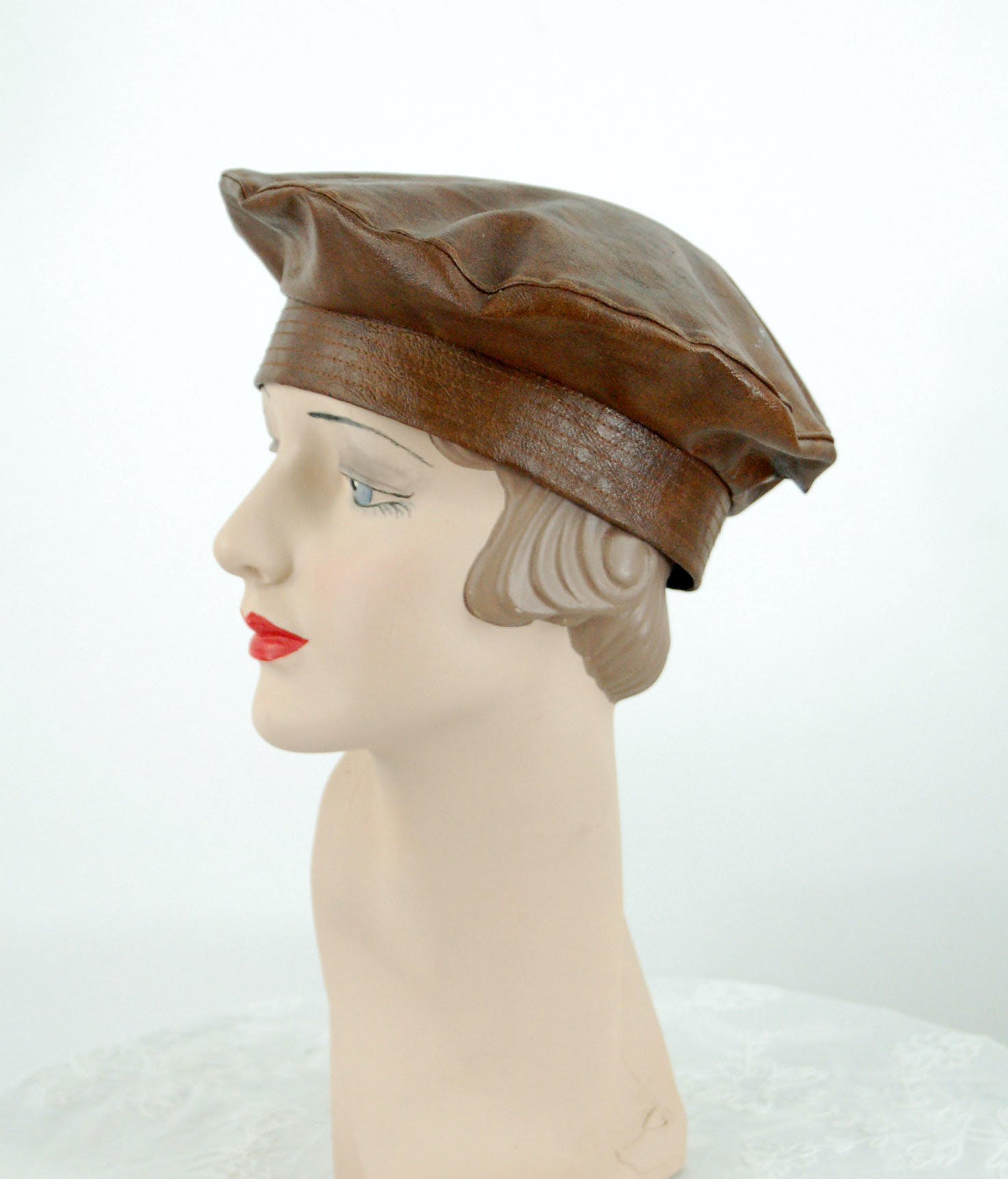 Vintage 60's Light Brown Faux Leather Tam Hat | Shop THRILLING