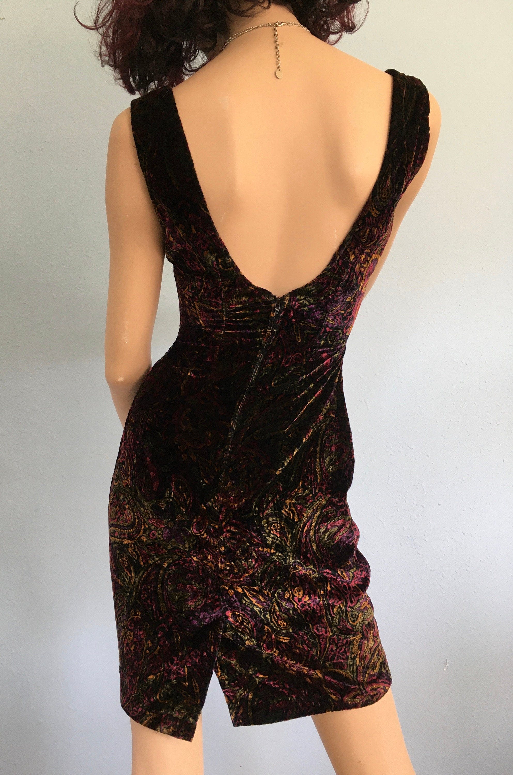 Vintage 80’s/90's Sleeveless Multicolor Print Velvet Bodycon Dress by ...