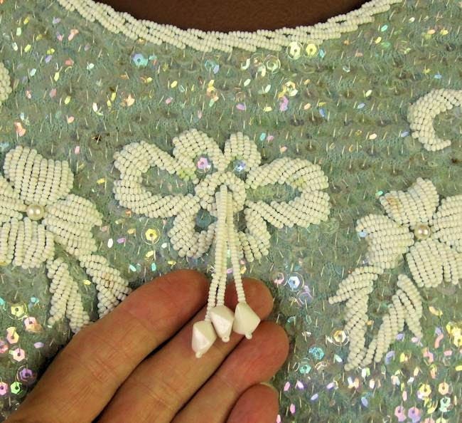 Vintage 60s Hand Beaded Sequinned Sweater Shell Hong Kong Ice Blue by ...