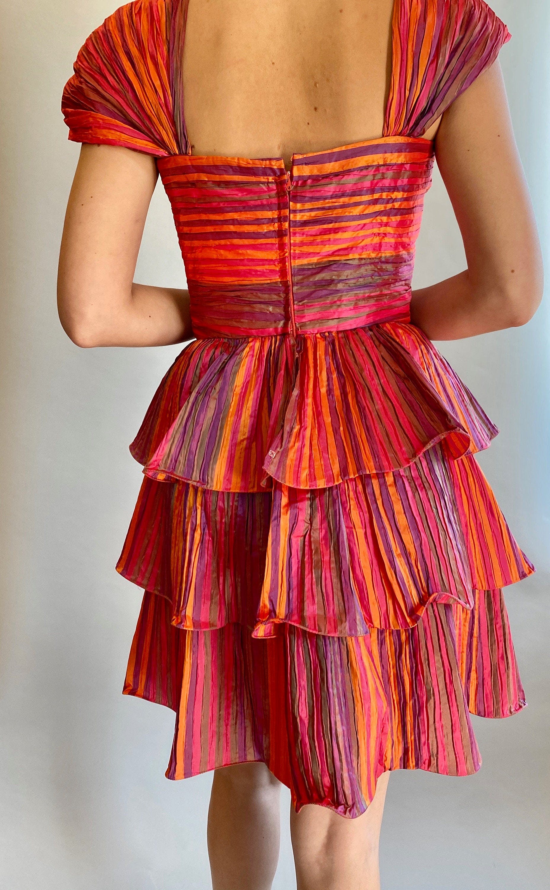 Vintage Sherbet Colored Striped Ruffle Skirt Dress by Spaghetti London ...