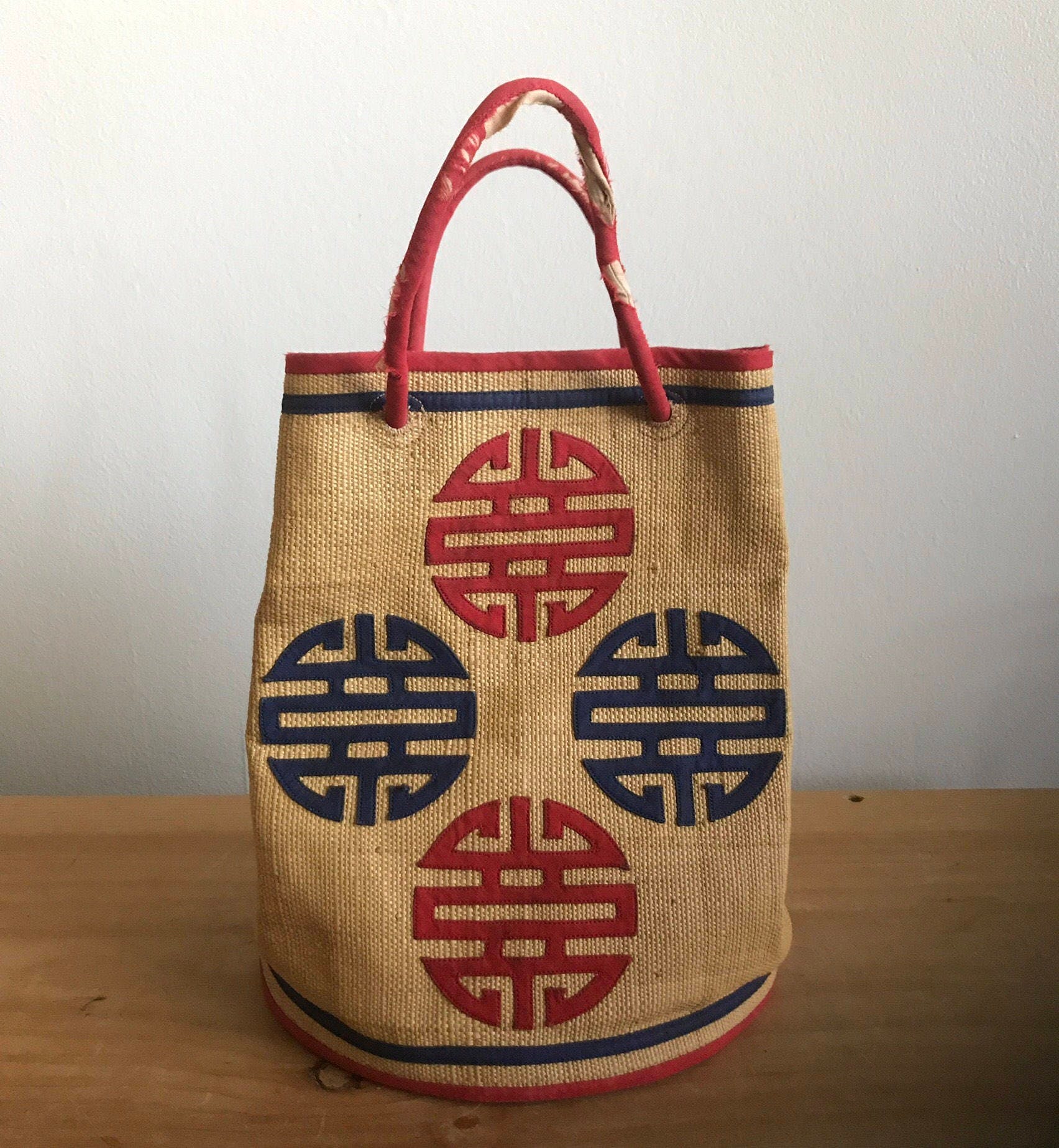 Vintage 30's/40's Woven Straw Drawstring Bag with Red and Blue Asian ...