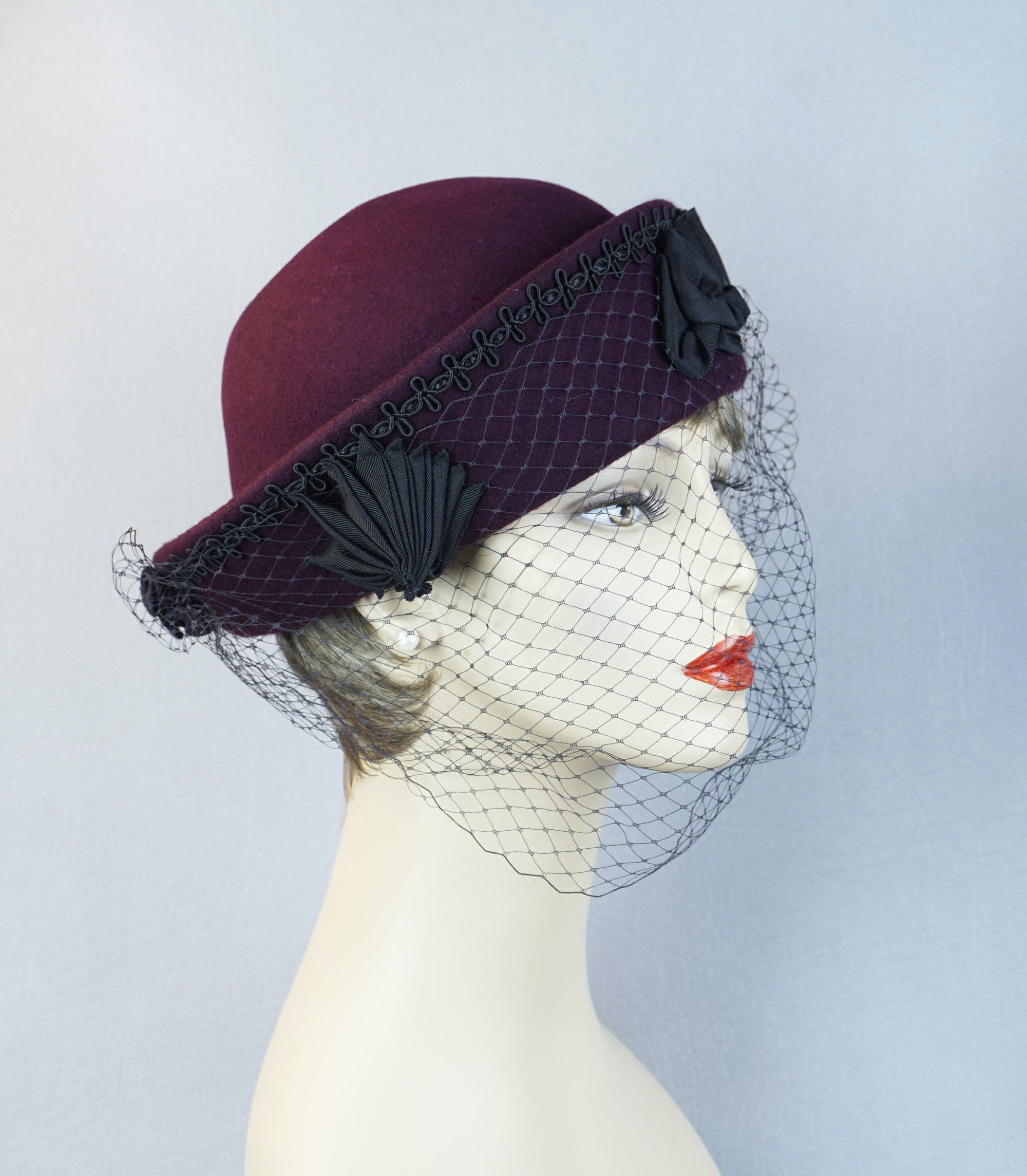 Vintage Wine Colored Felt Hat With Black Veil by Patricia Shypertt ...