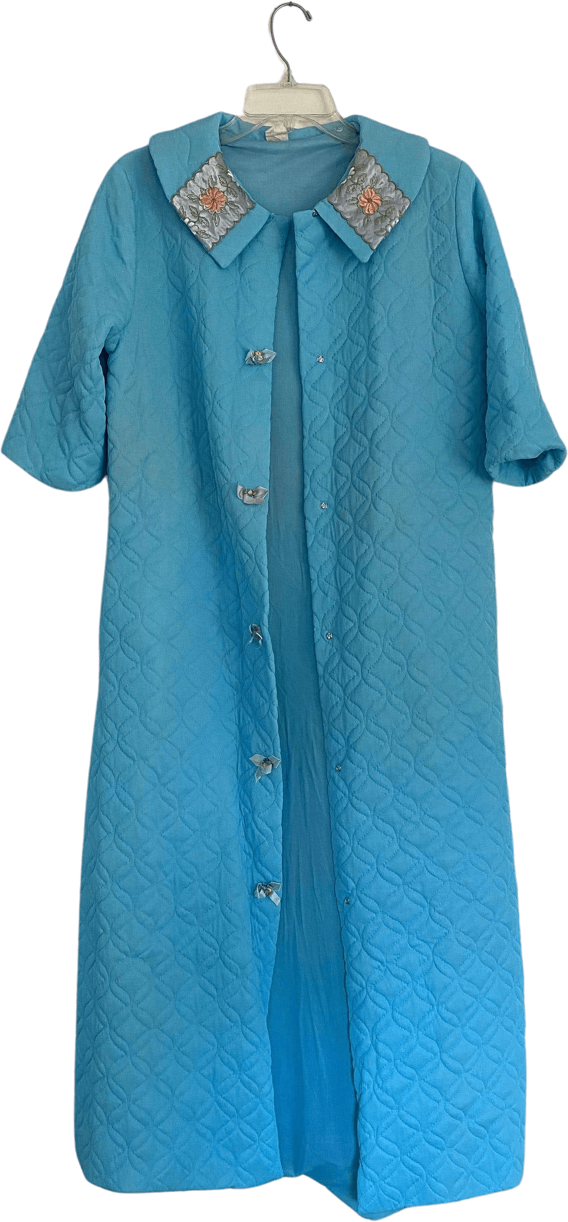 Vintage 60’s Blue quilted house coat robe with Small Floral Embroidery ...