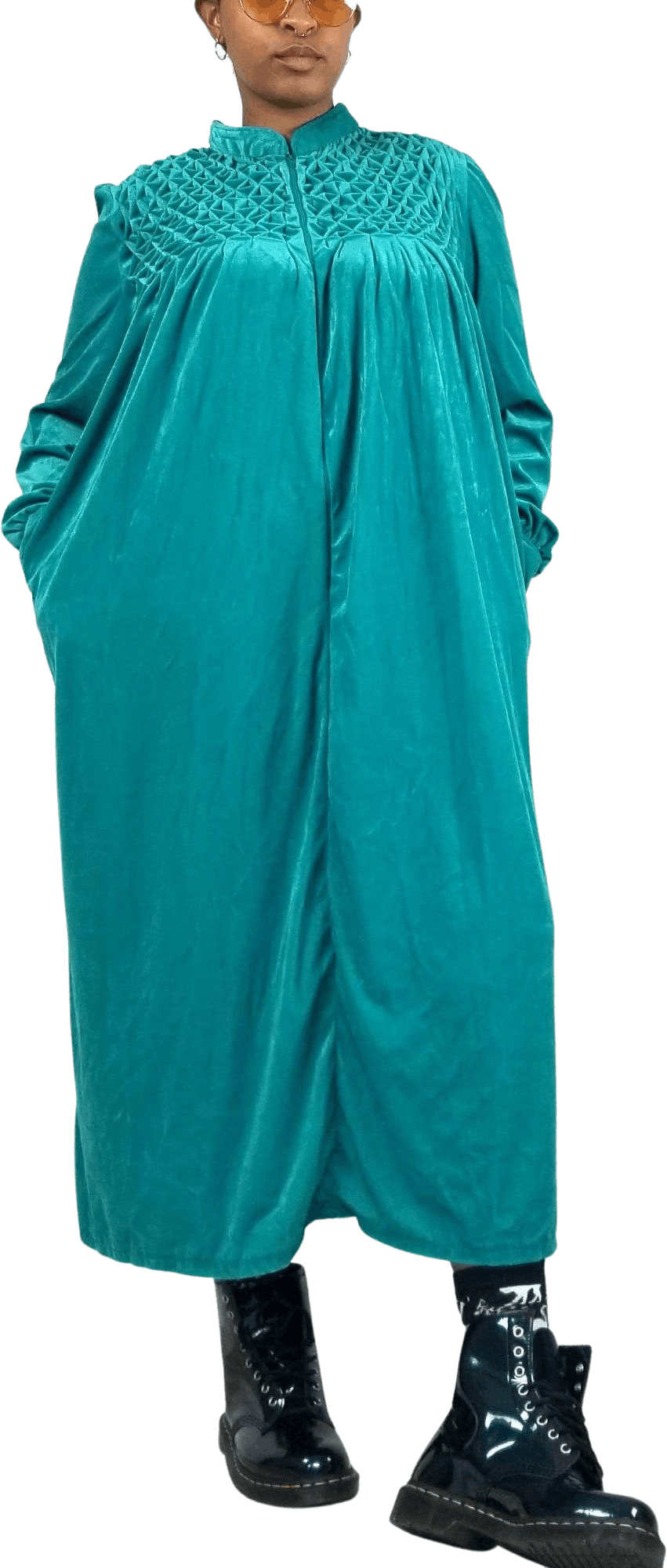 Vintage 80's/90's Green and Blue Velvet Half Zip Robe | Shop THRILLING