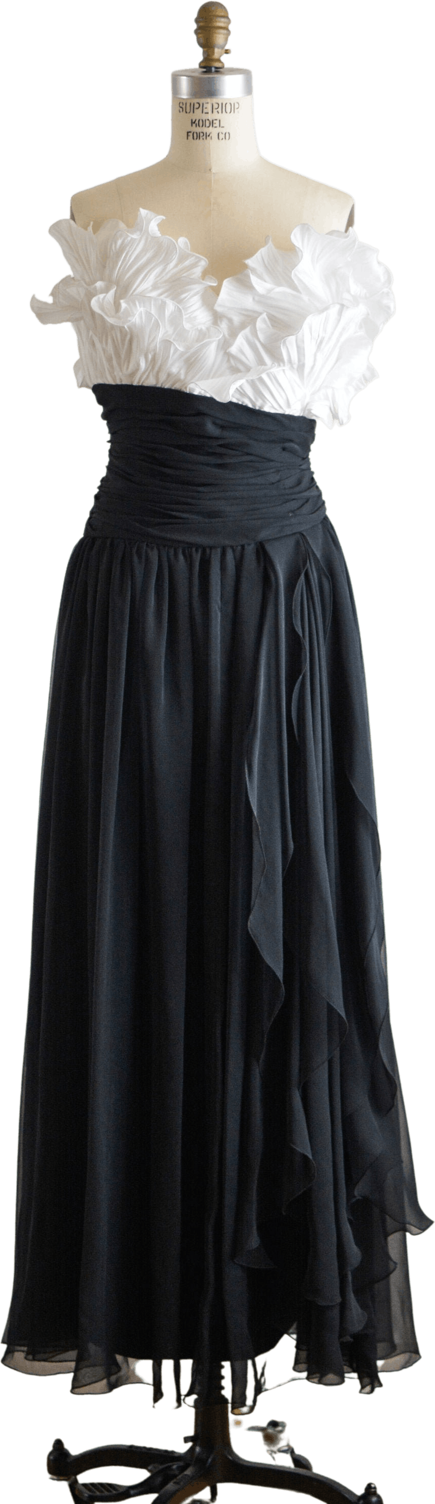 Vintage 80’s White Ruffle Sweetheart Neck Black Empire Waist Gown by ...