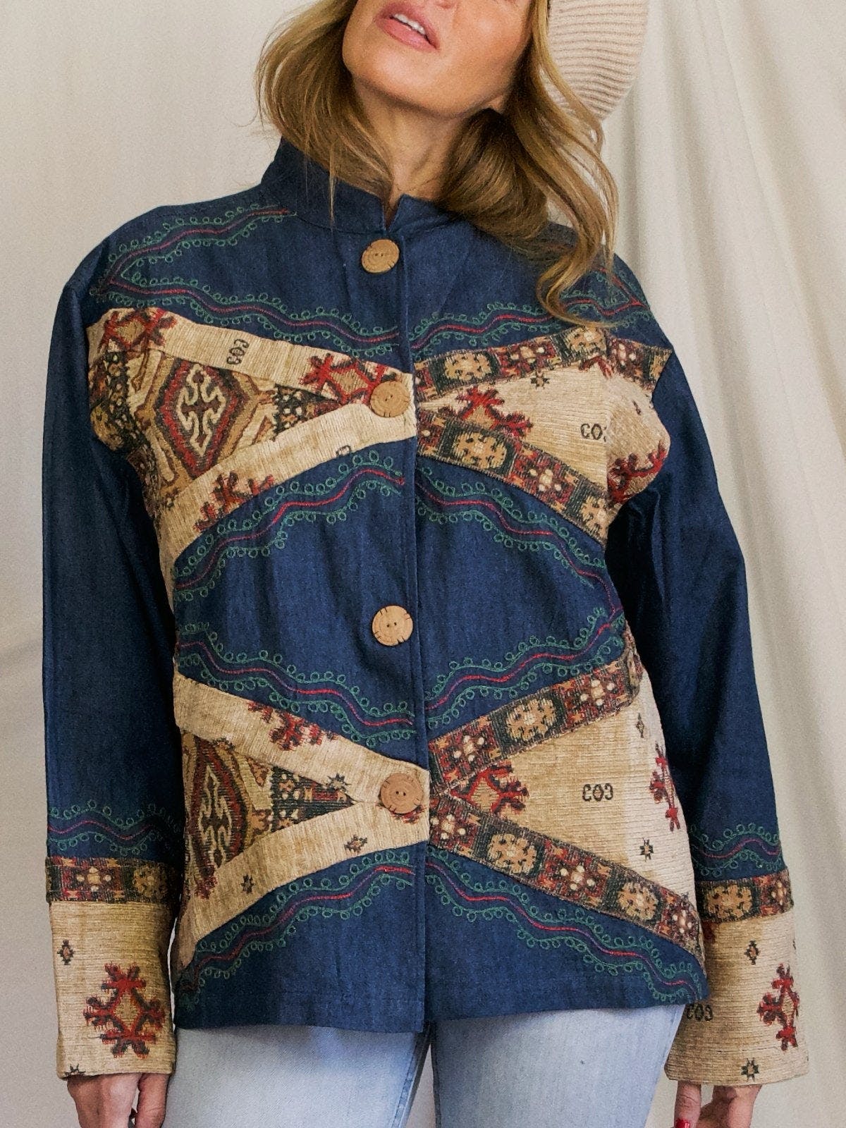 Vintage 90’s Patchwork Chambray Tapestry Jacket | Shop THRILLING