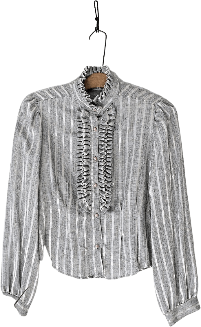 Vintage 80’s Gray Metallic Striped Ruffle Front Blouse | Shop THRILLING