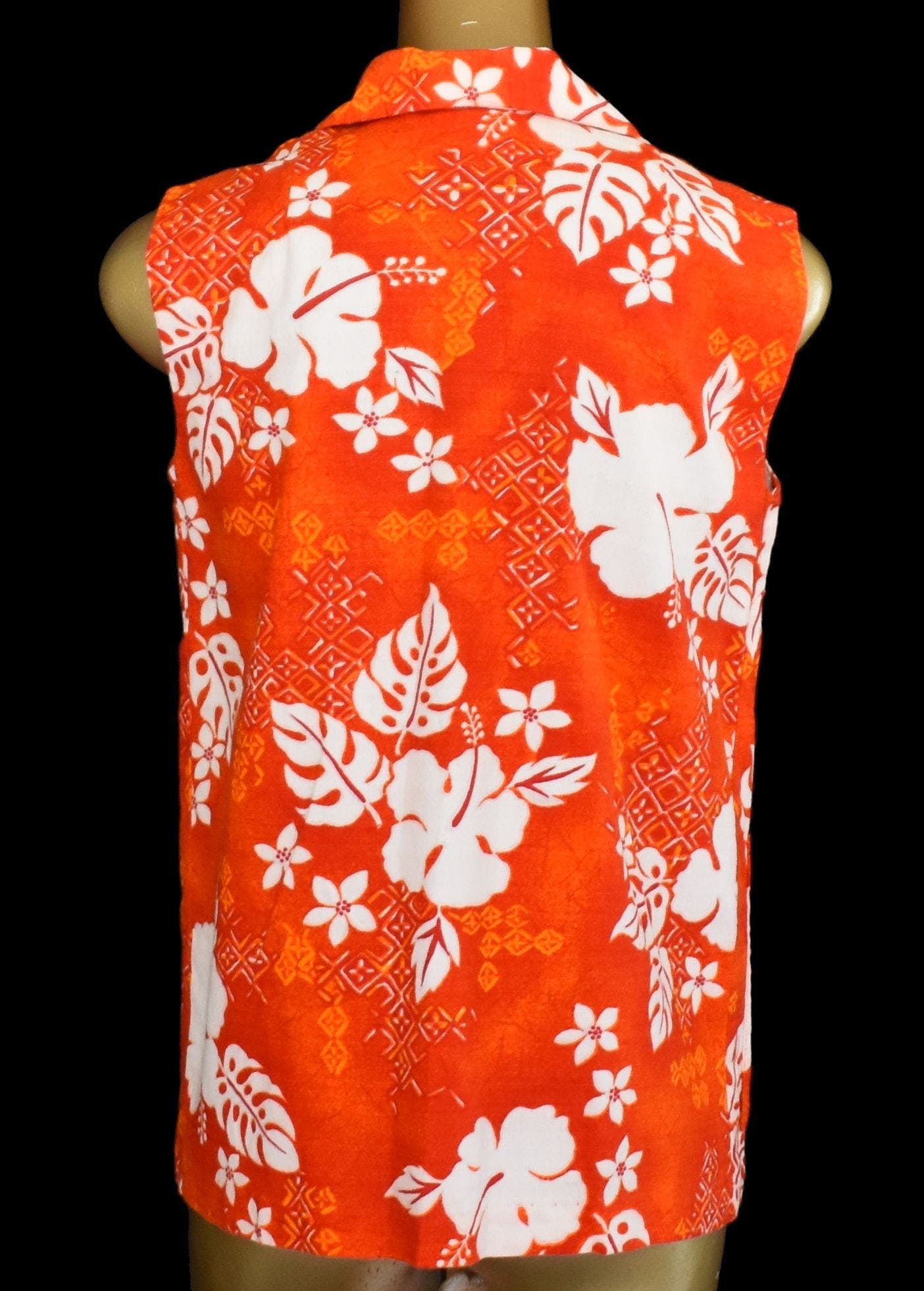 Vintage 60s Orange Hawaiian Backcloth Sleeveless Cotton Blouse By Royal ...
