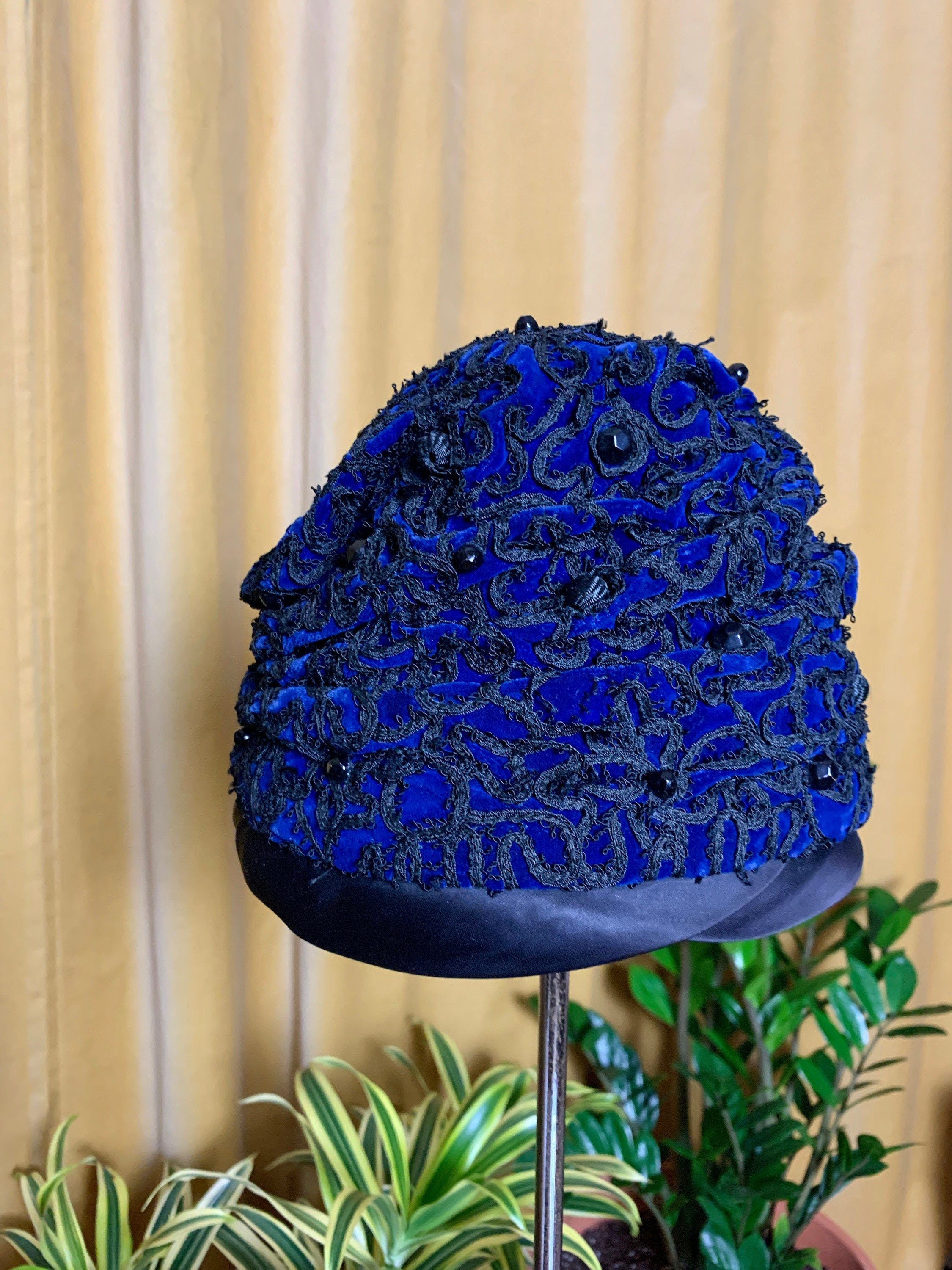 Vintage 60’s Blue Velvet Beaded Turban by Schiaparelli | Shop THRILLING