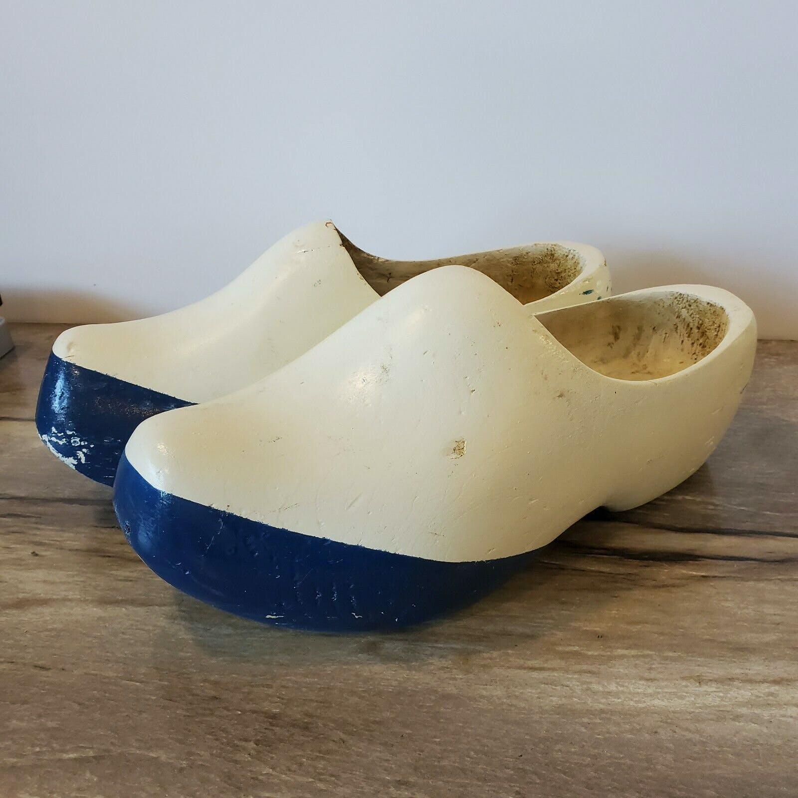 Vintage White Hand Carved Wooden Clogs with Blue Bottom | Shop THRILLING