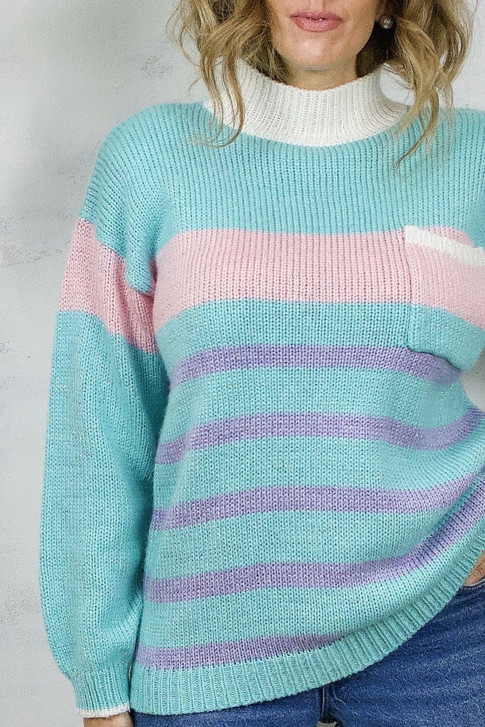 Vintage 80's Pastel Stripe Metallic Mock Neck Sweater by Gitano | Shop ...