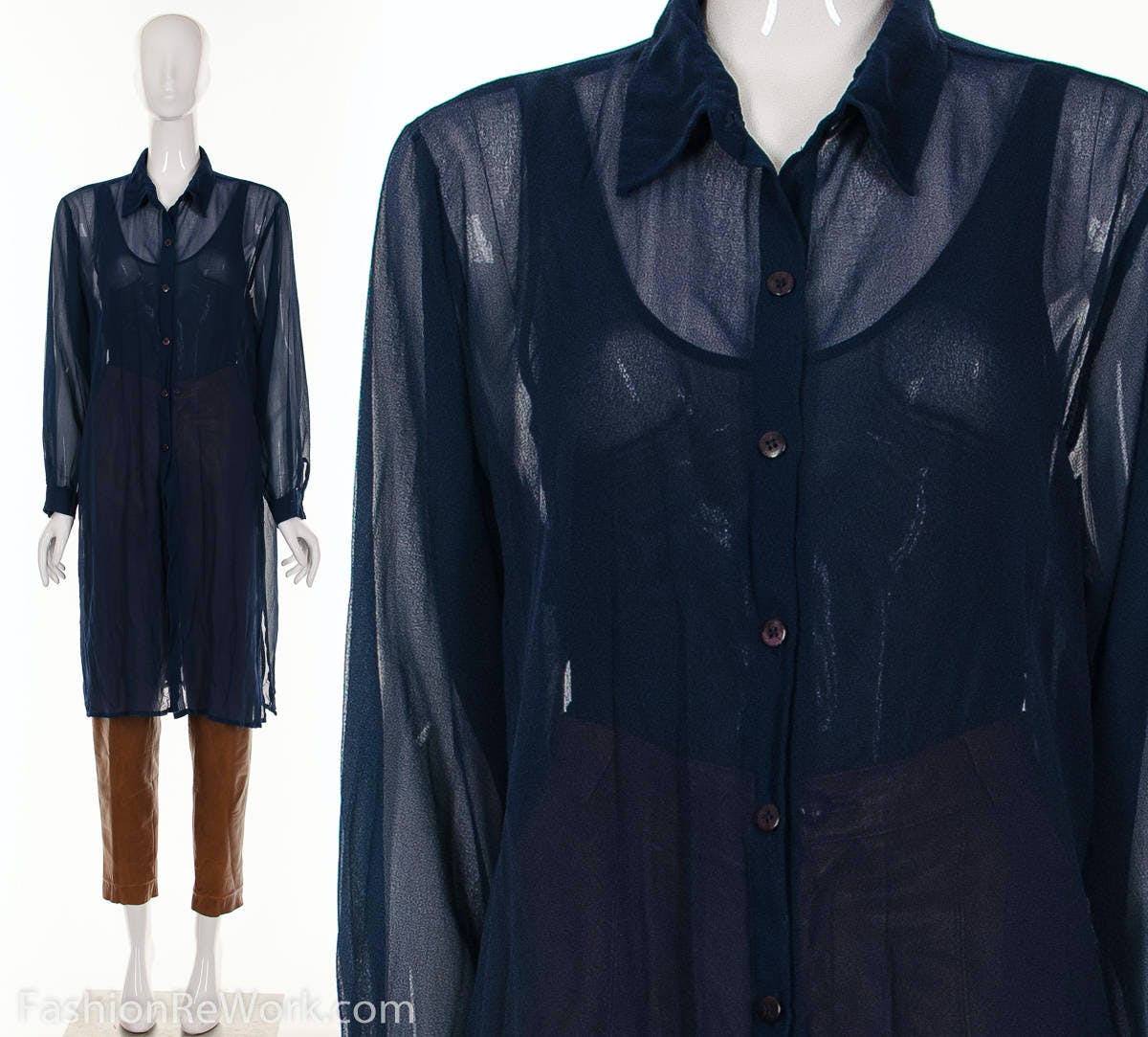Vintage 90’s Navy Blue Sheer Long Duster Blouse | Shop THRILLING