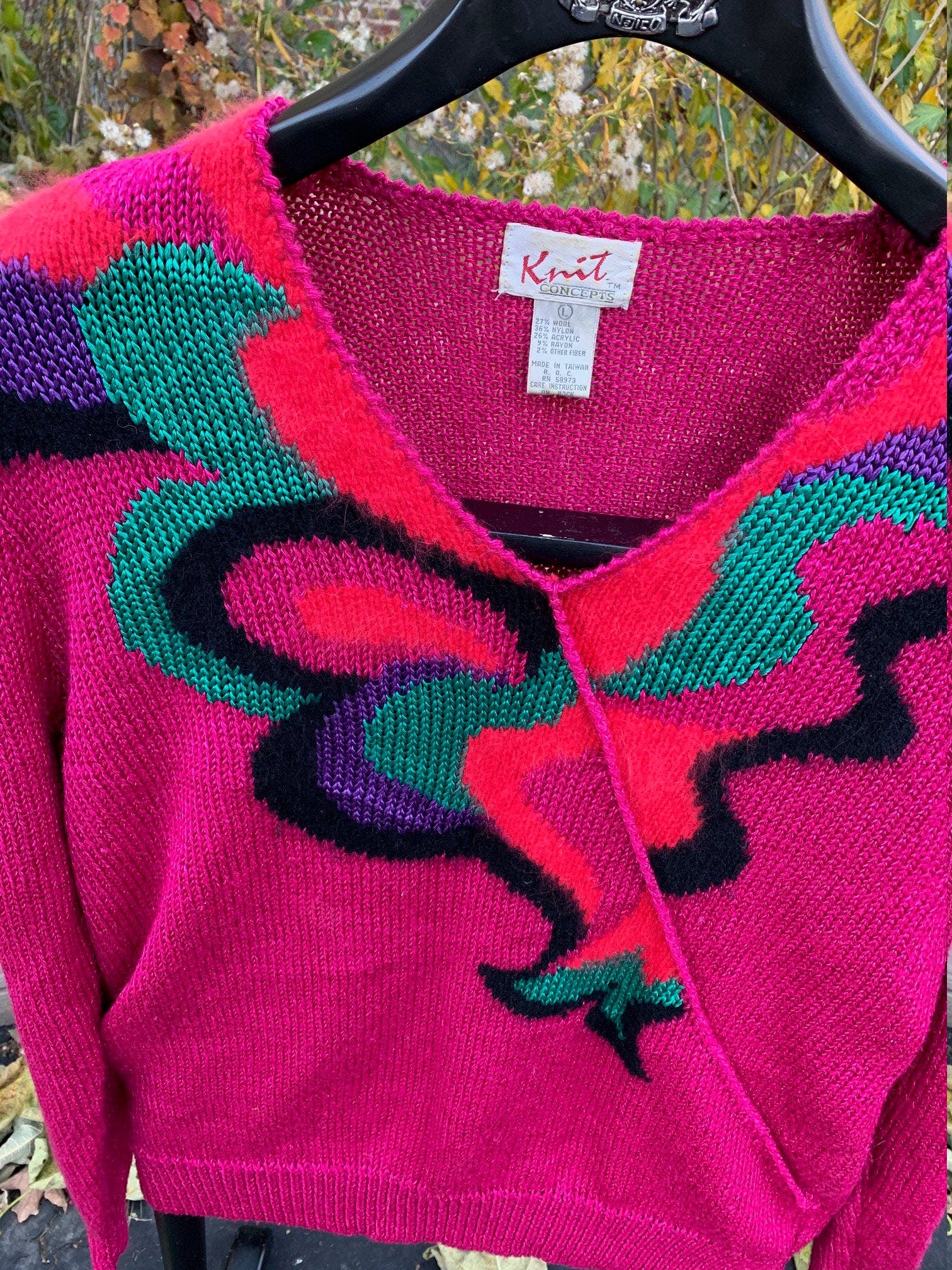 Vintage 80’s Hot Pink Abstract Print Neckline Wrap Sweater by Knit ...