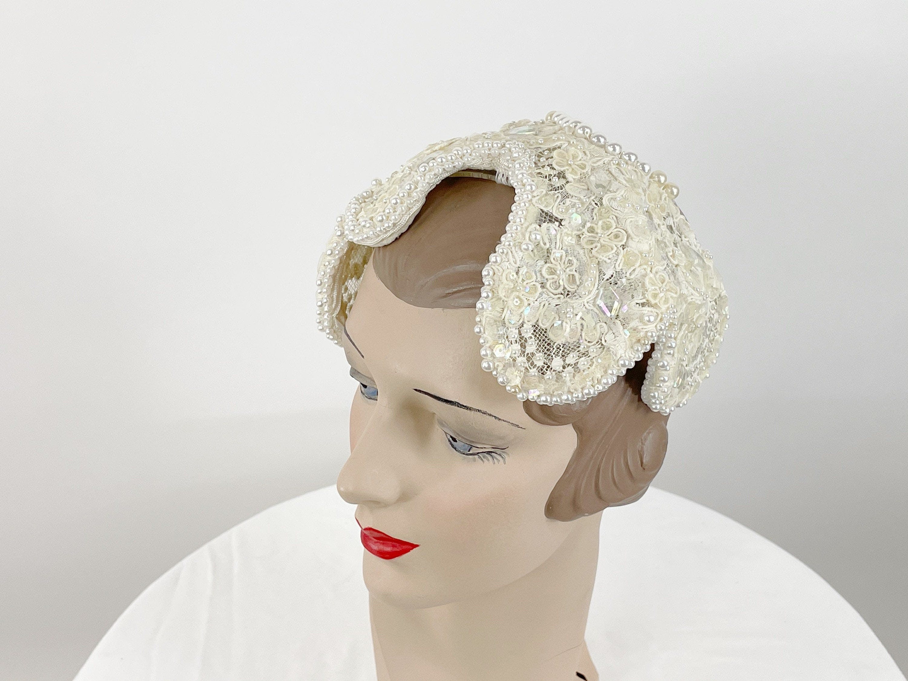 Vintage 50's White Lace and Pearl Beaded Close Cap | Shop THRILLING