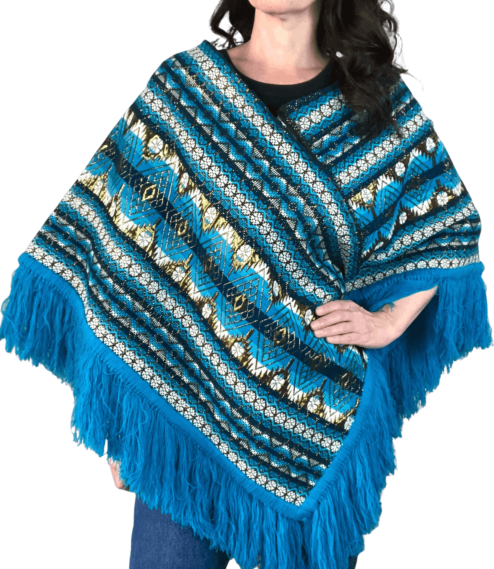 Vintage 60’s White Blue and Metallic Gold Poncho | Shop THRILLING
