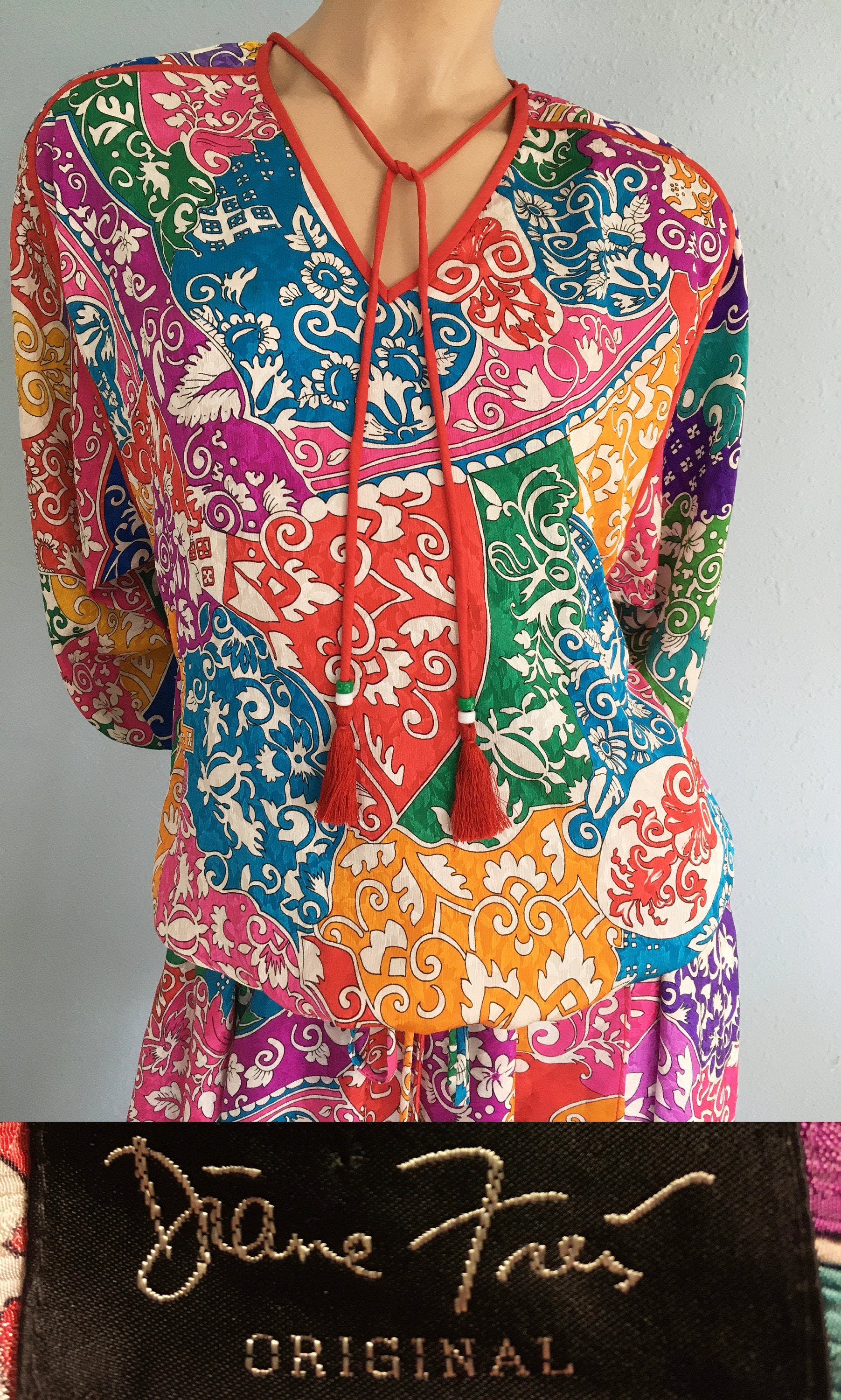 Vintage 70’s/80's Multicolor Patch Ornate Print Blouse and Skirt Set by ...