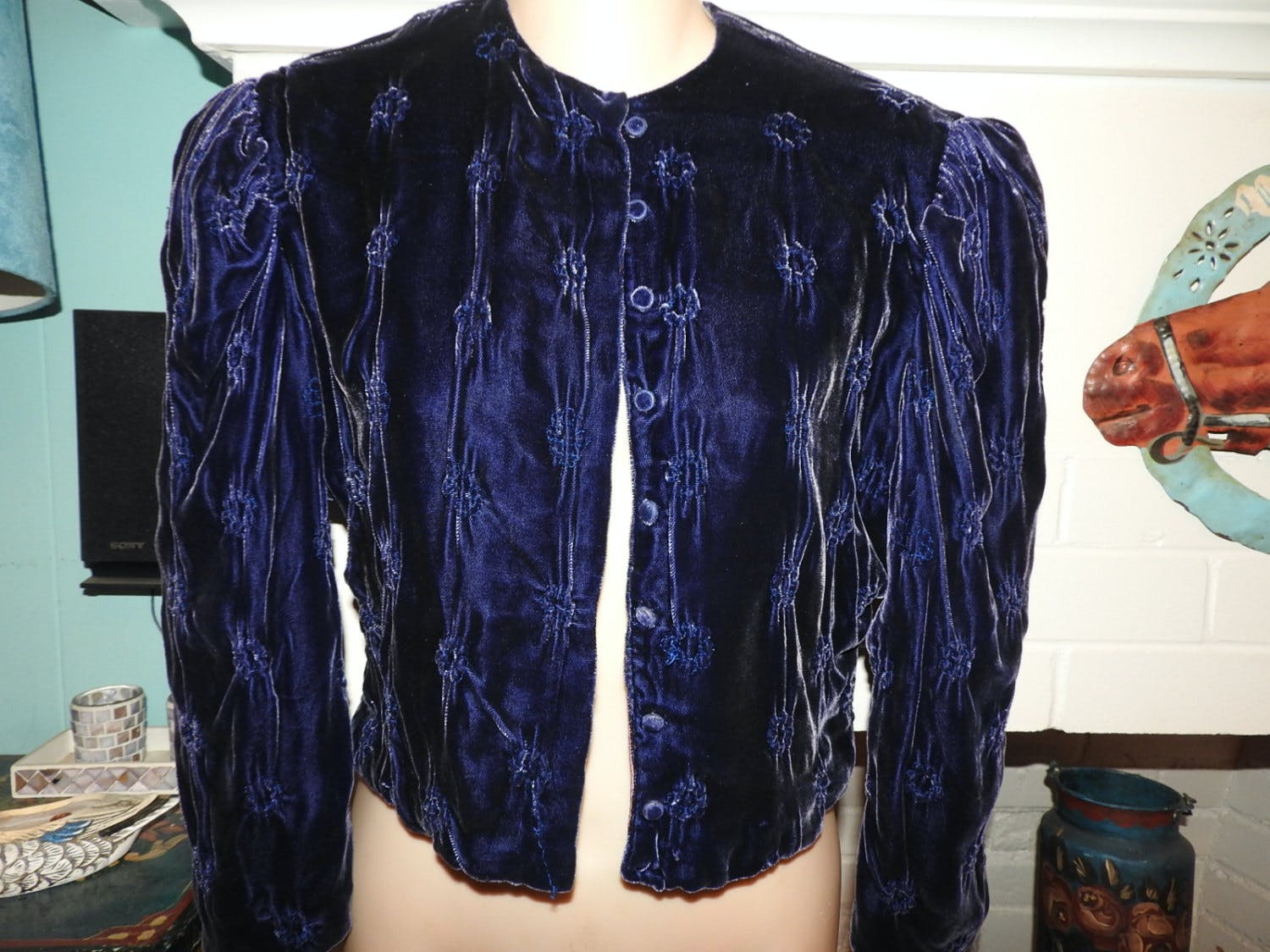 Vintage Blue Textured Velvet Silk and Satin Jacket | Shop THRILLING