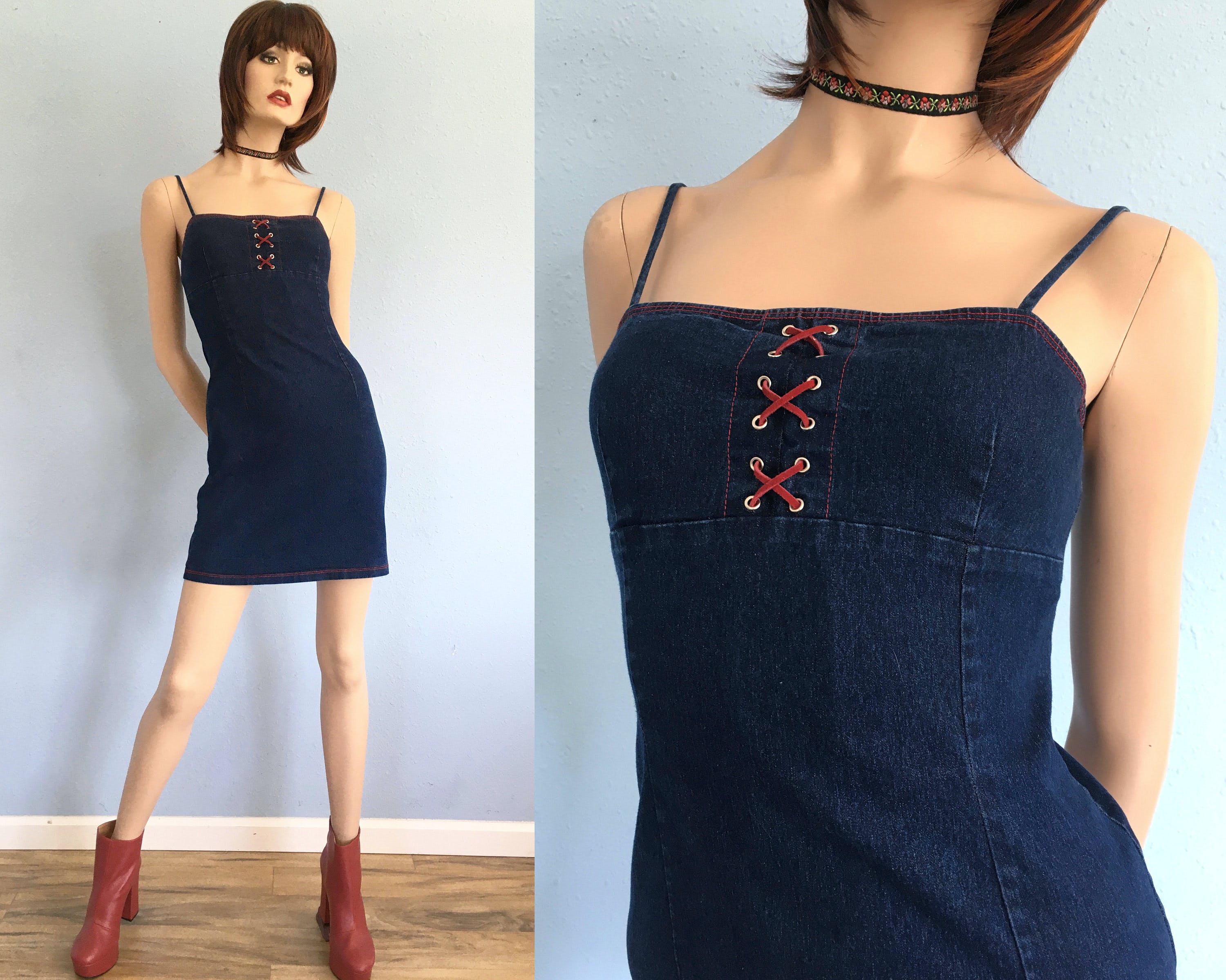 Vintage 90’s/00’s Red Lace Up Neck Denim Bodycon Mini Dress by Finesse ...