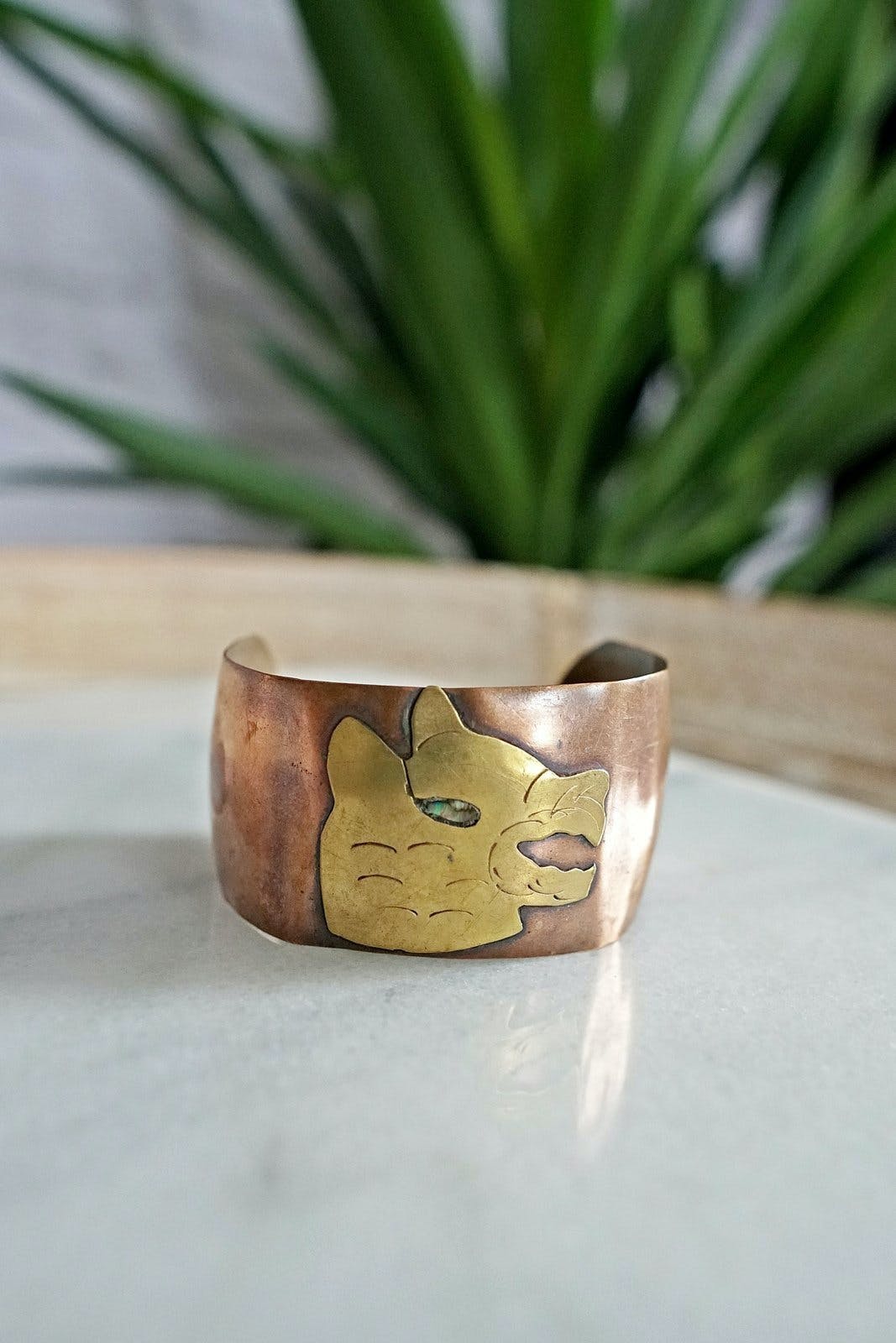 Vintage 70's Handmade Egyptian Lynx Copper Brass Abalone Cuff Bracelet ...