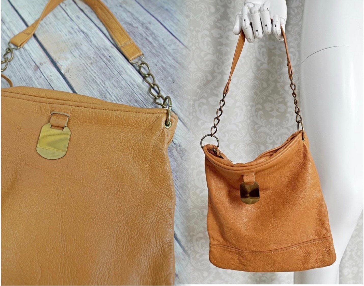 Vintage 70's Creamy Caramel Butter Leather Golden Chain Link Handmade ...