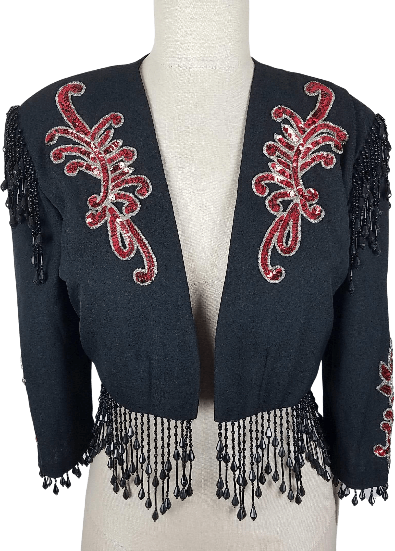 Vintage 80’s Black and Red Beaded Fringe Open Front Cropped Jacket by ...