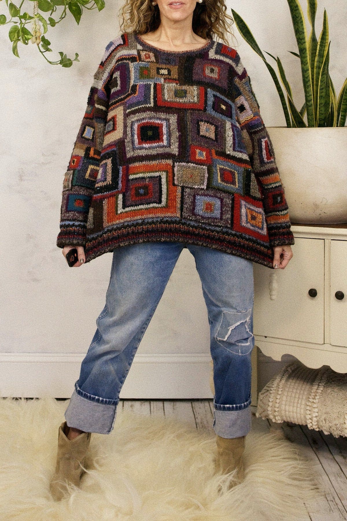 Vintage 80’s Multicolor Patchwork Oversized Wool Sweater | Shop THRILLING