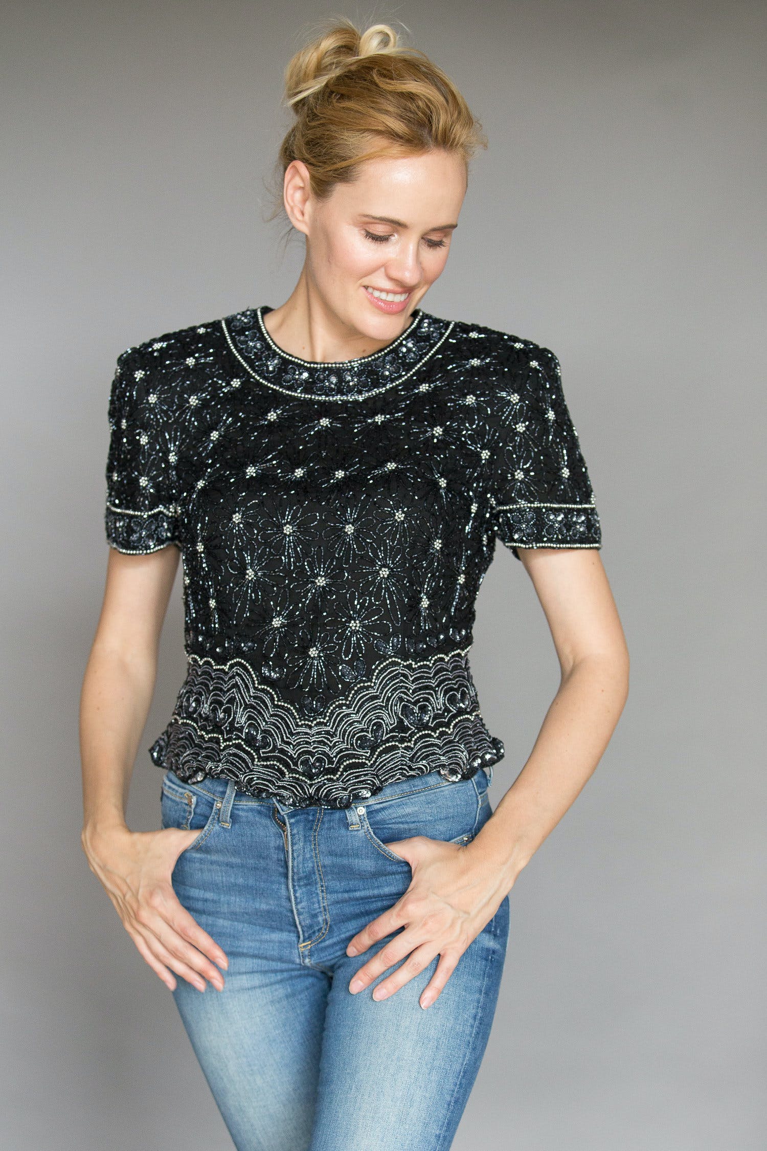 Vintage Black Beaded Top with Scalloped Detail and Shoulder Pads | Shop ...