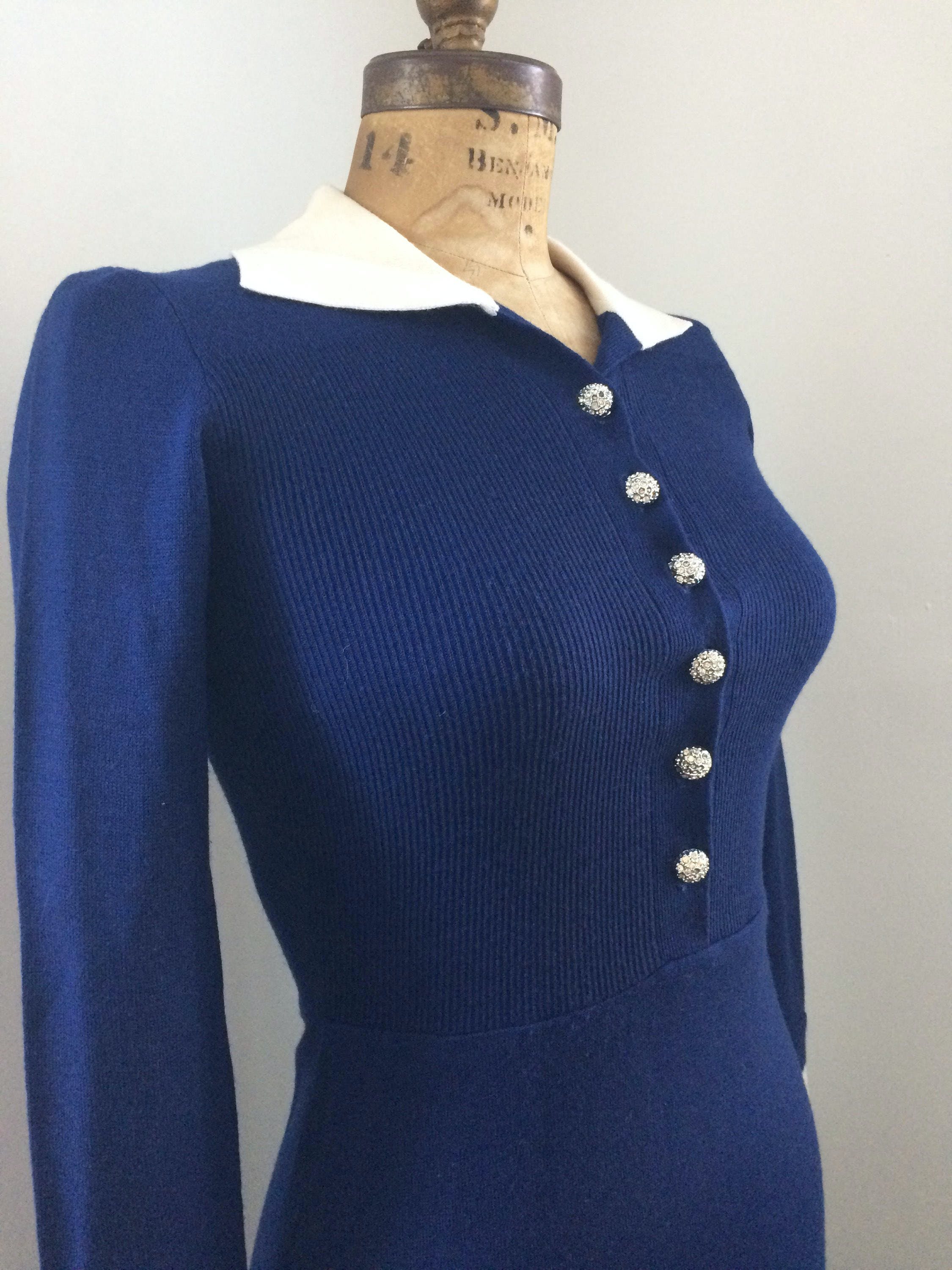 Vintage 60's Blue Knit Evening Dress with Rhinestone Buttons | Shop ...