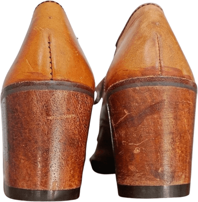 Vintage 60's Brown Leather Solid Wood Wedge Lace Up Clogs | Shop THRILLING