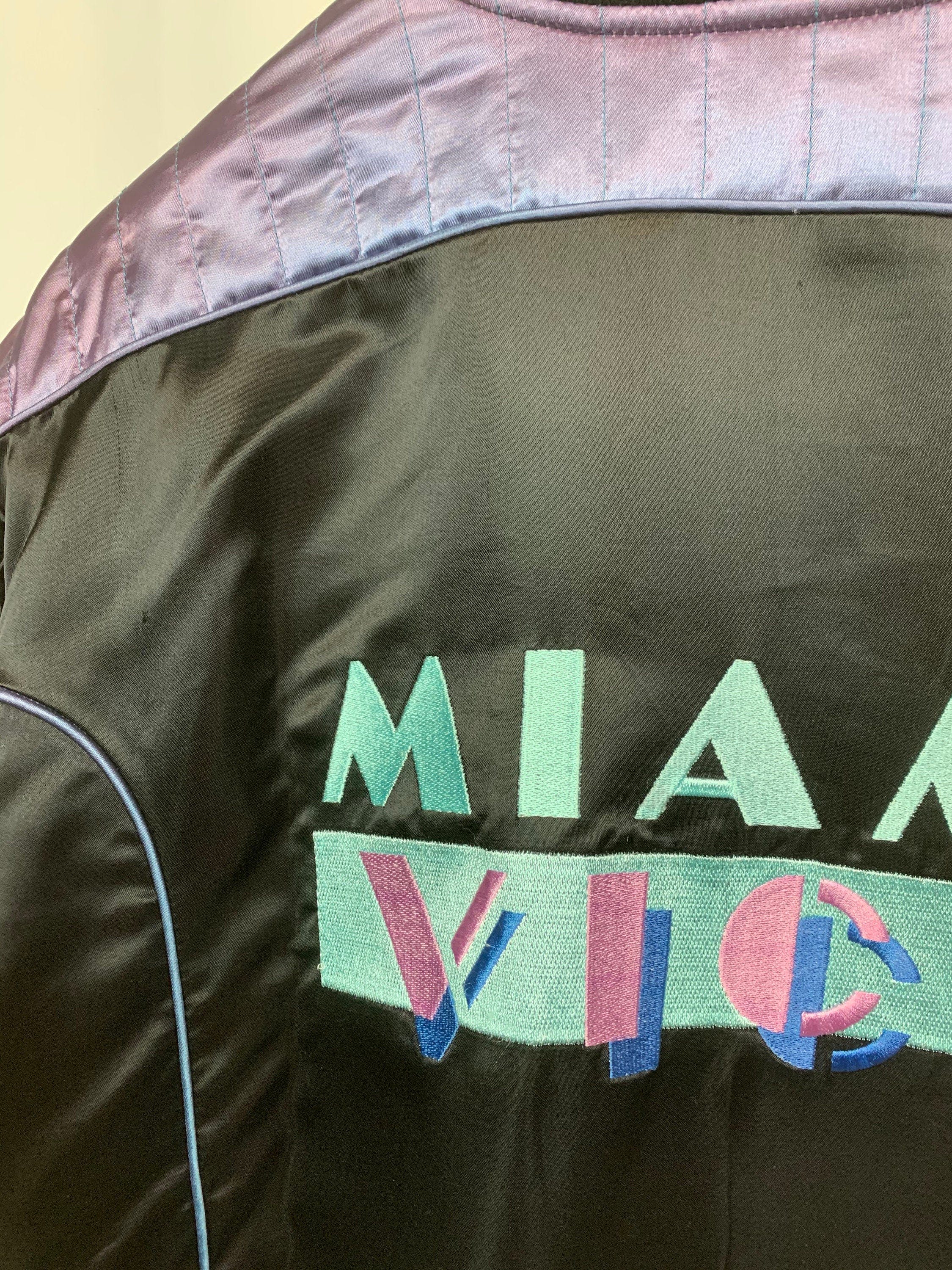 Vintage 80’s Black Satin Miami Vice Embroidered Bomber Jacket by ...