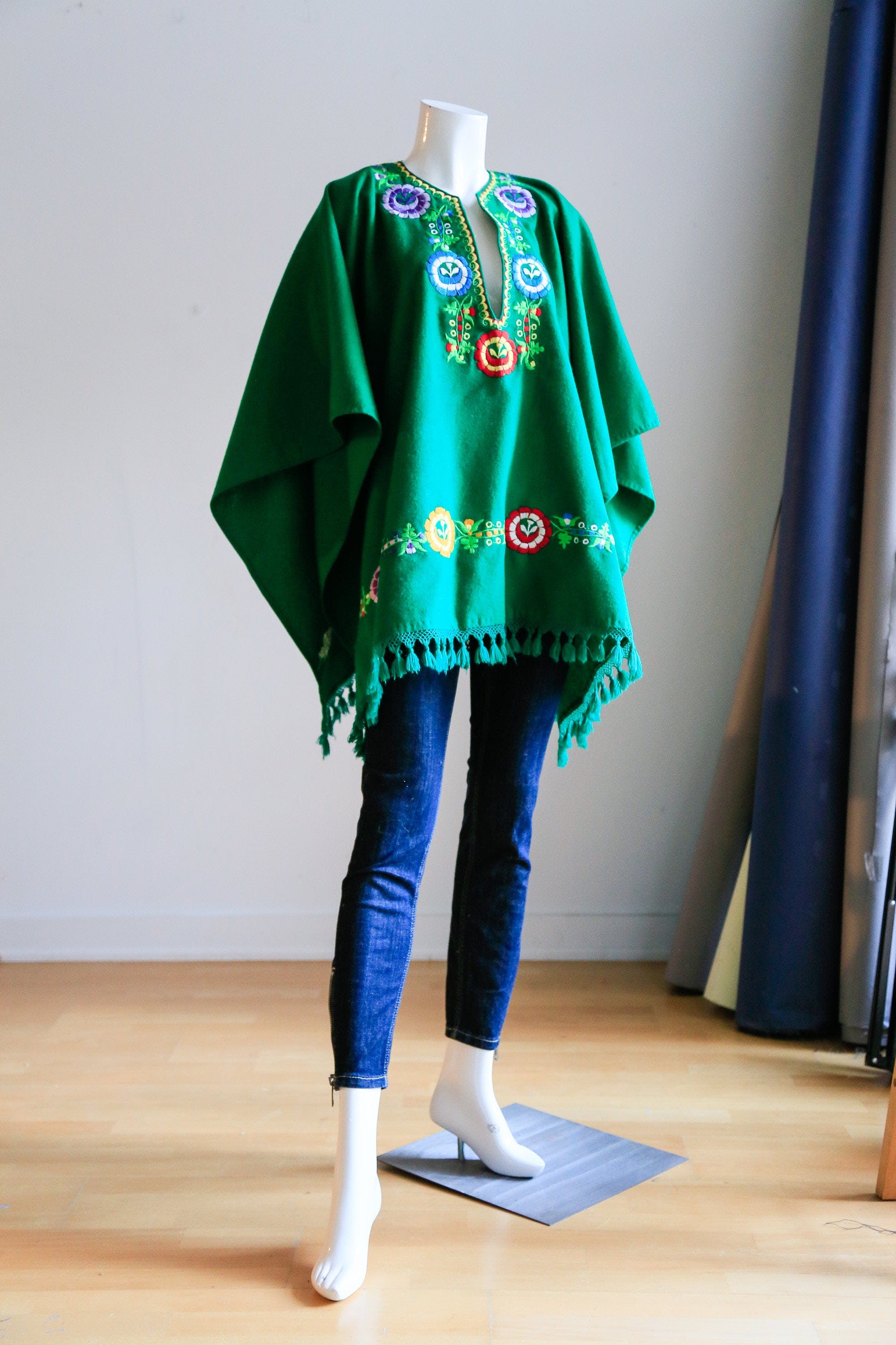 Vintage Wool Embroidered Poncho with Fringe | Shop THRILLING