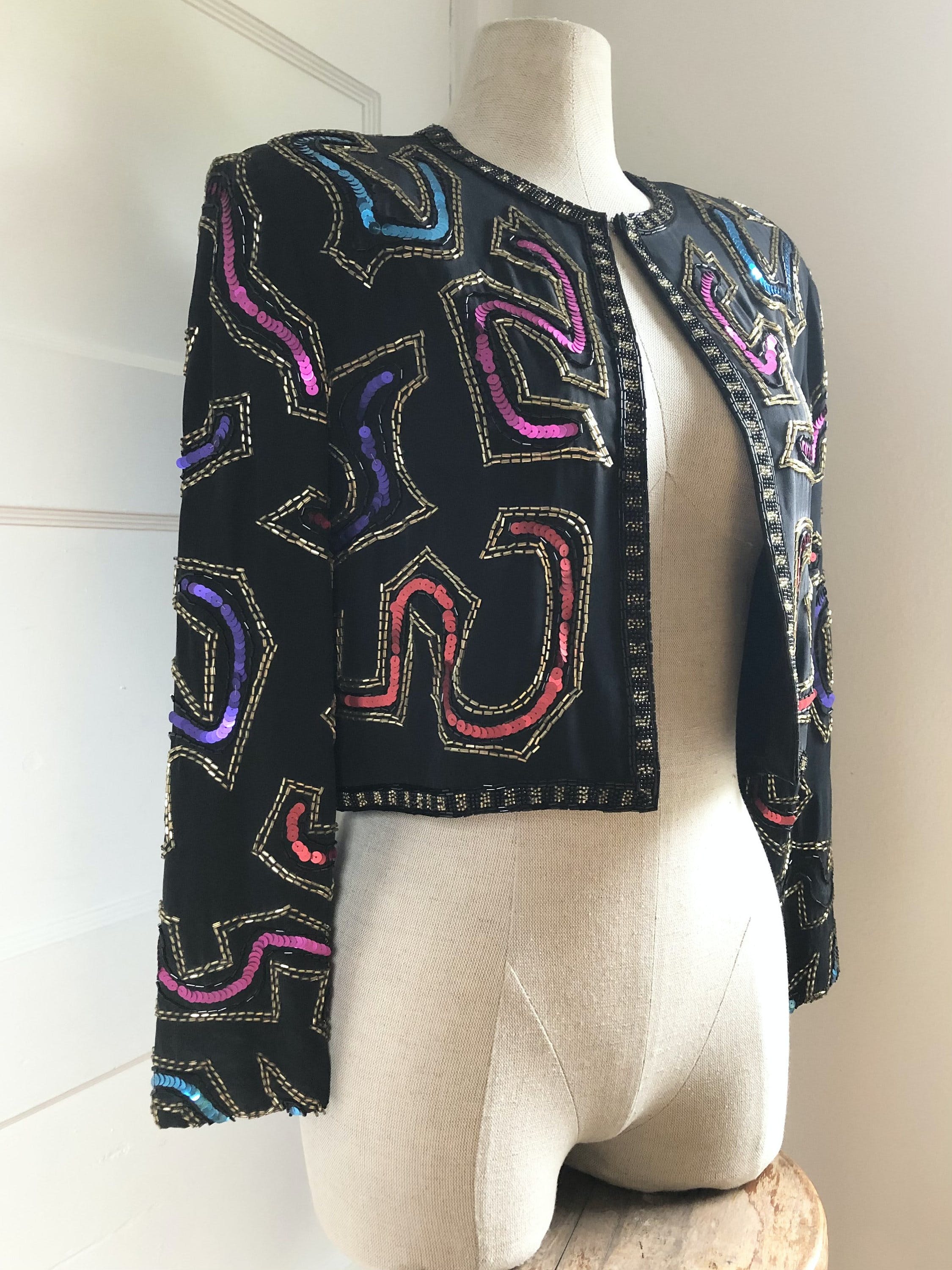 Vintage 80’s Abstract Art Silk and Sequin Cropped Bolero Jacket by A.J ...