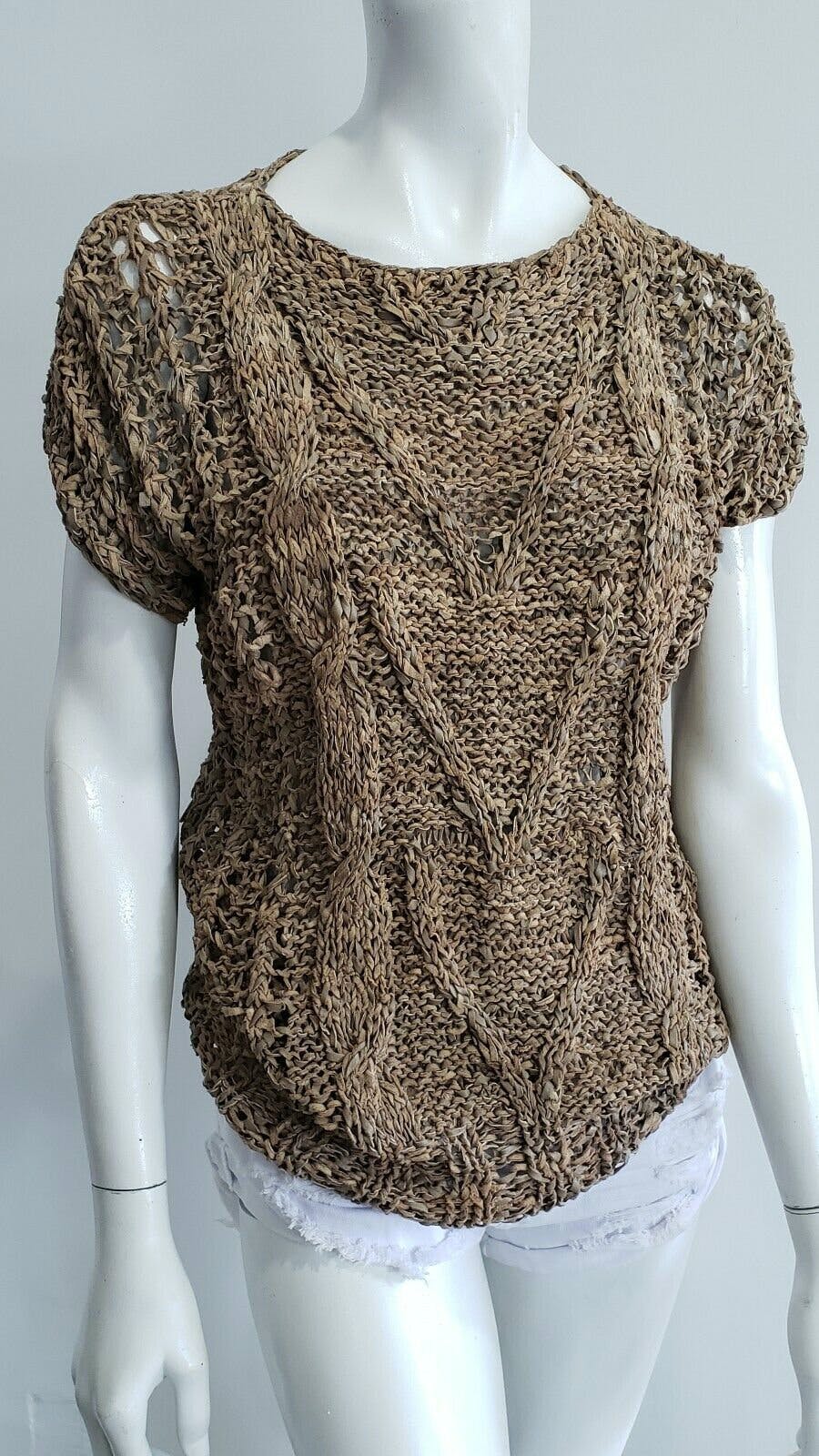Vintage Tan Leather Crochet Cable Knit Blouse | Shop THRILLING