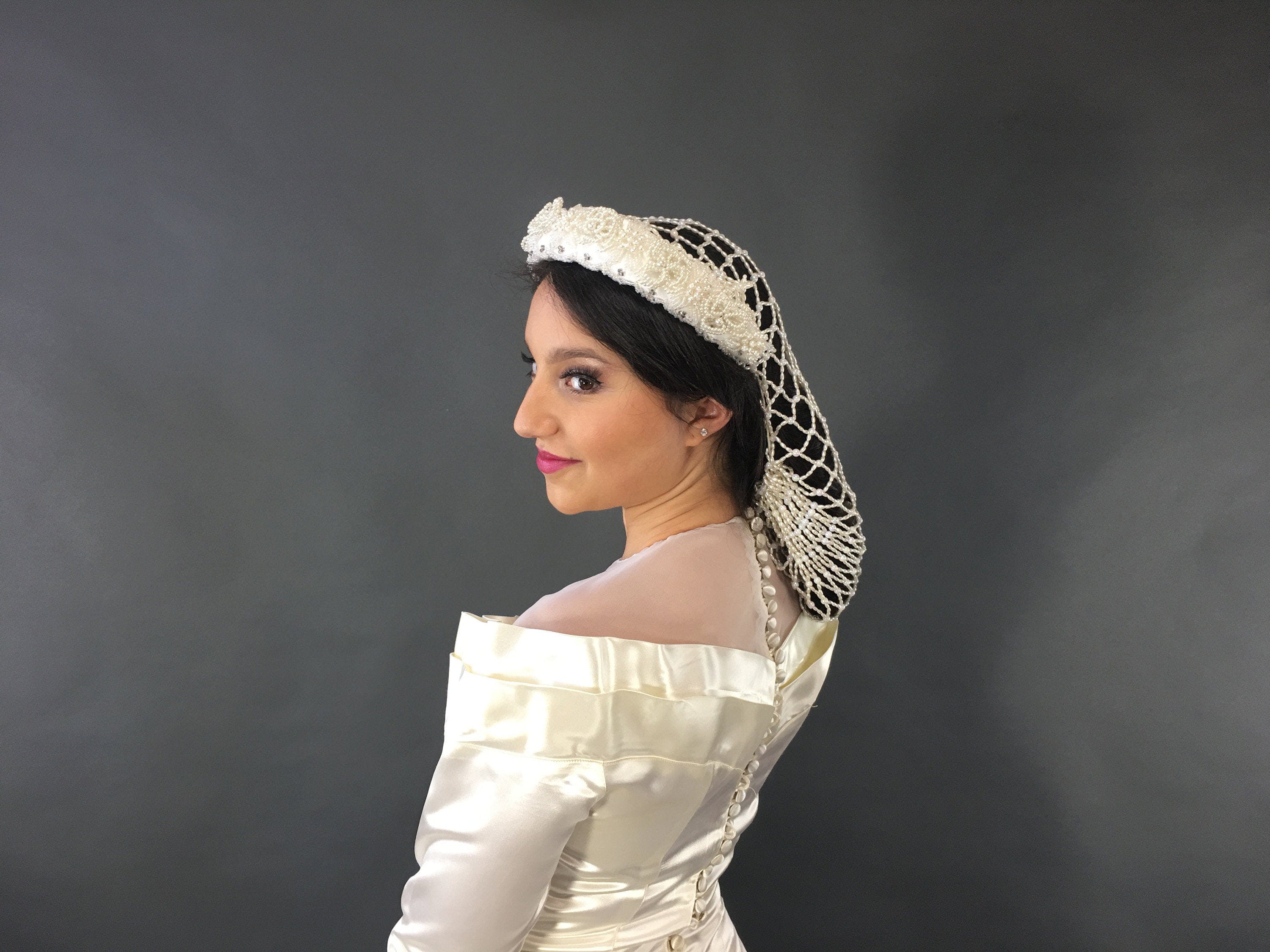 Vintage 70s Renissance Style Bridal Headpiece Beaded Snood | Shop THRILLING