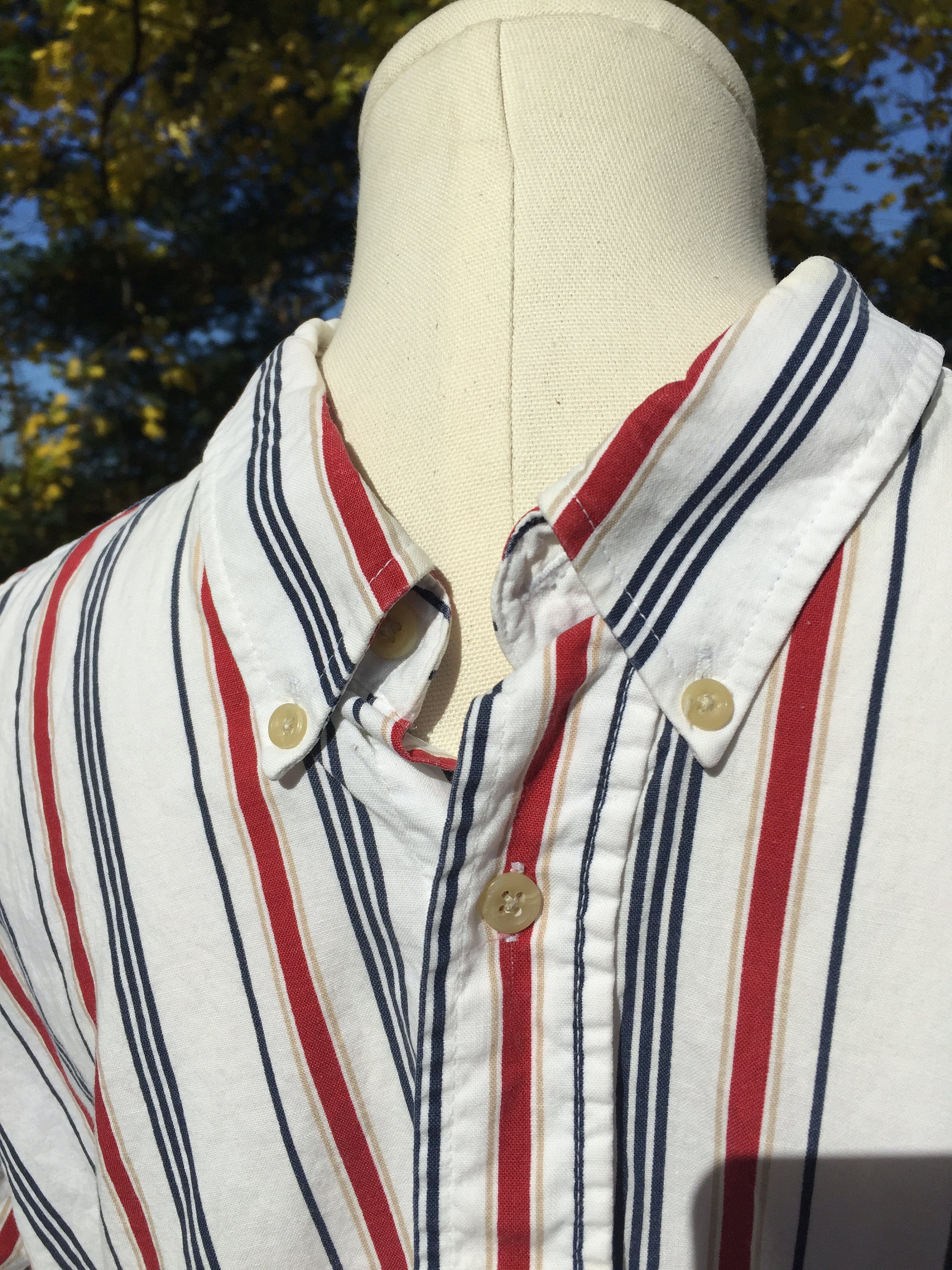 Vintage White Short Sleeve Button Up with Red and Blue Stripes by ...
