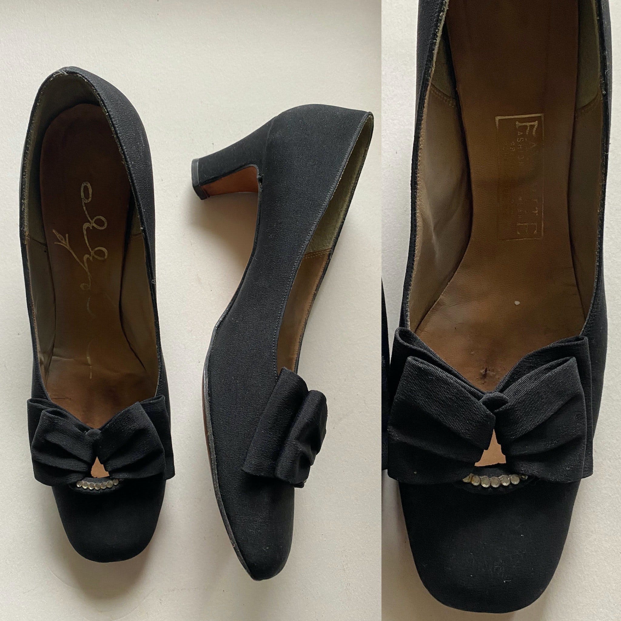 Vintage 60's Black Evening Heels with Bow and Rhinestones | Shop THRILLING