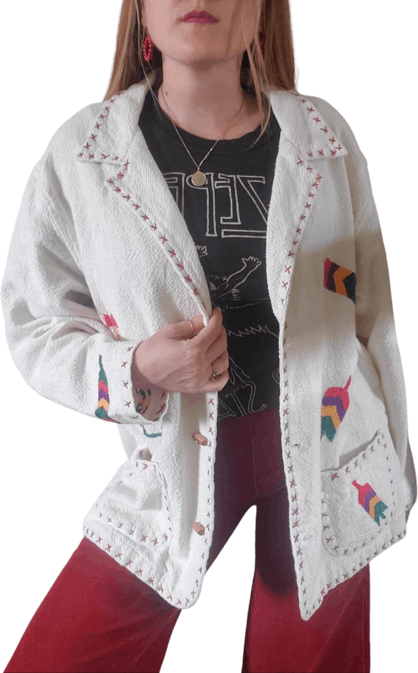 Vintage White Cotton Blazer with Colorful Embroidery | Shop THRILLING