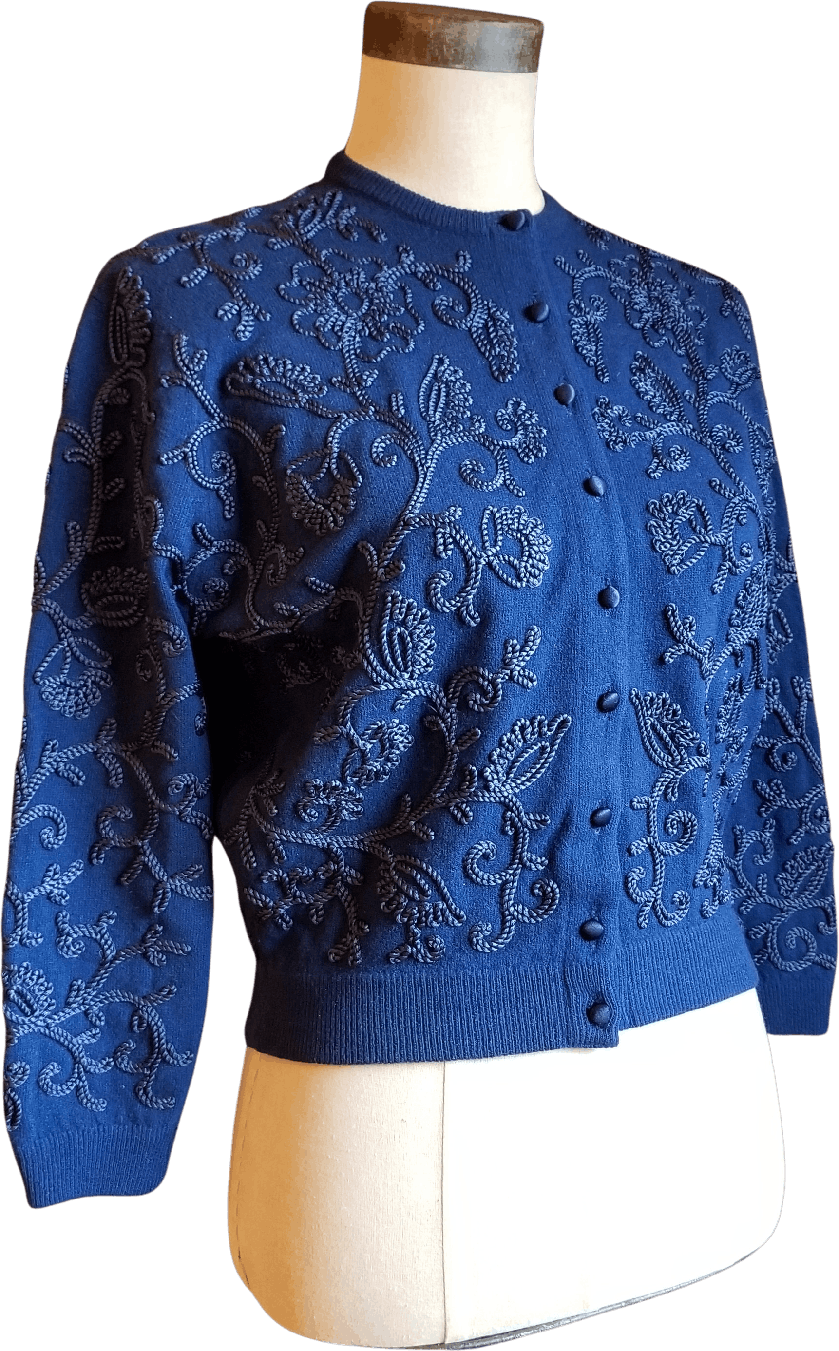 Vintage 50’s Blue Monochromatic Beaded Wool Cardigan by Maude A Borab ...