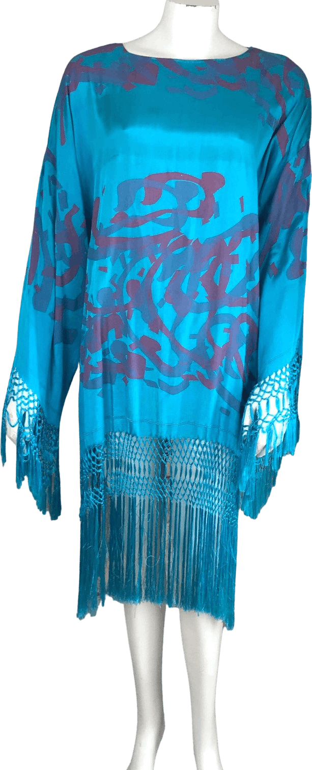 Vintage 80’s Blue Abstract Print Fringe Blouse | Shop THRILLING
