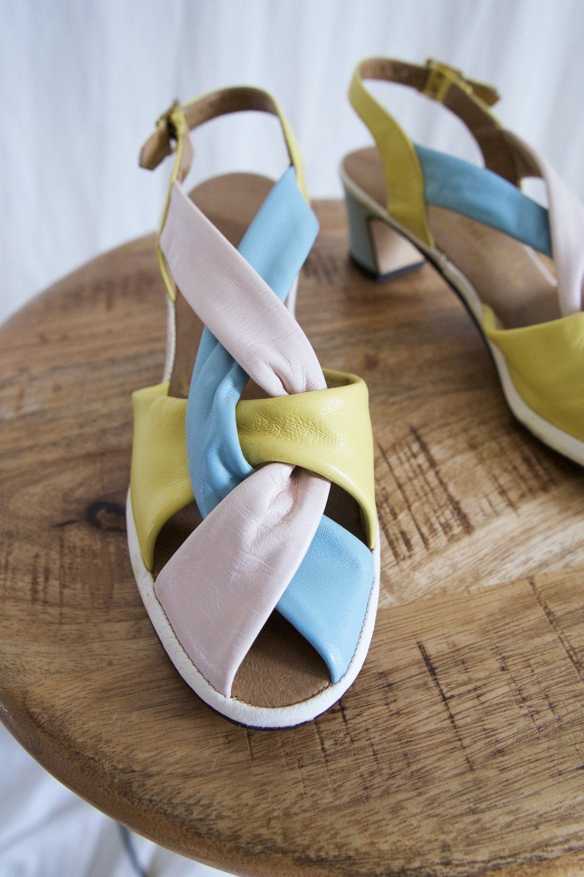 Vintage 60's Crisscross Pastel Colored Block Heel Sandals | Shop THRILLING