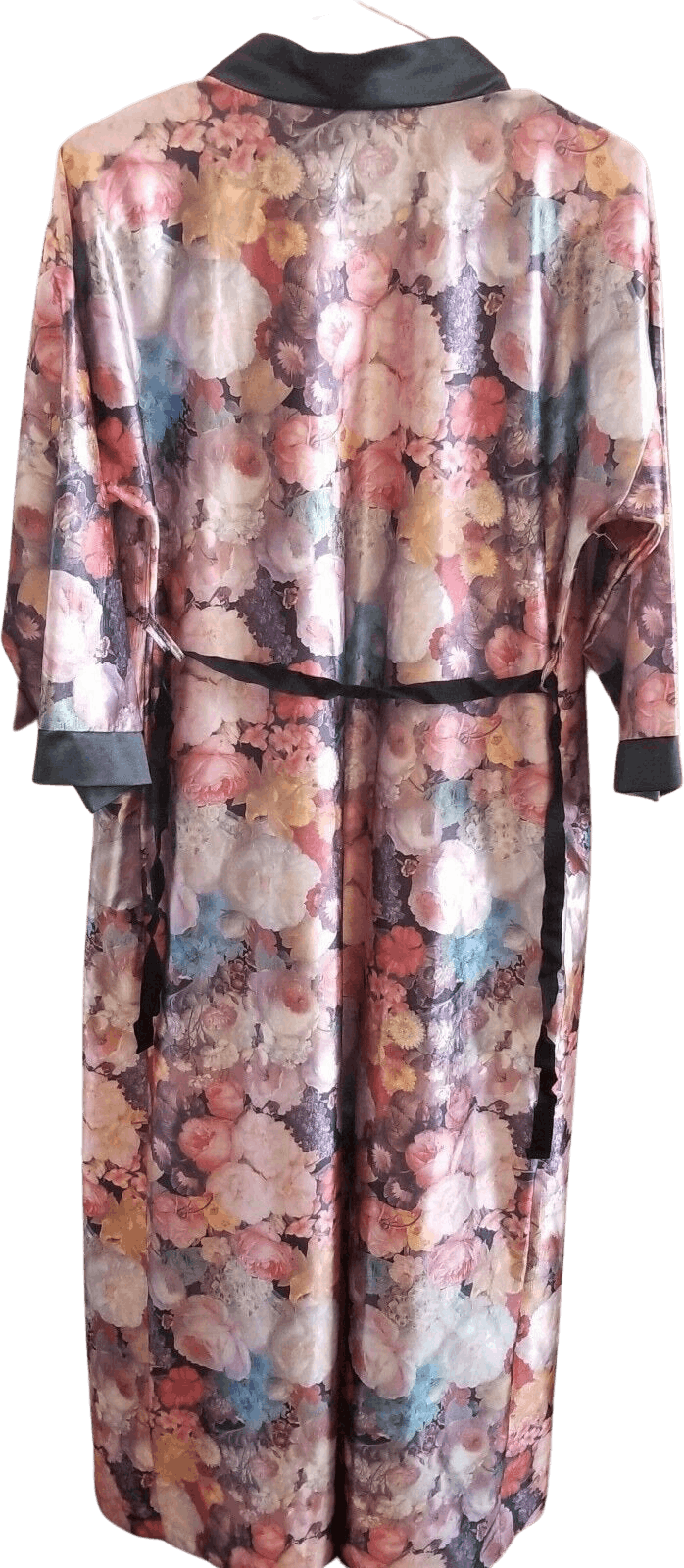 Vintage Full Length Pastel Floral Satin Belted Robe with Black Trim by ...