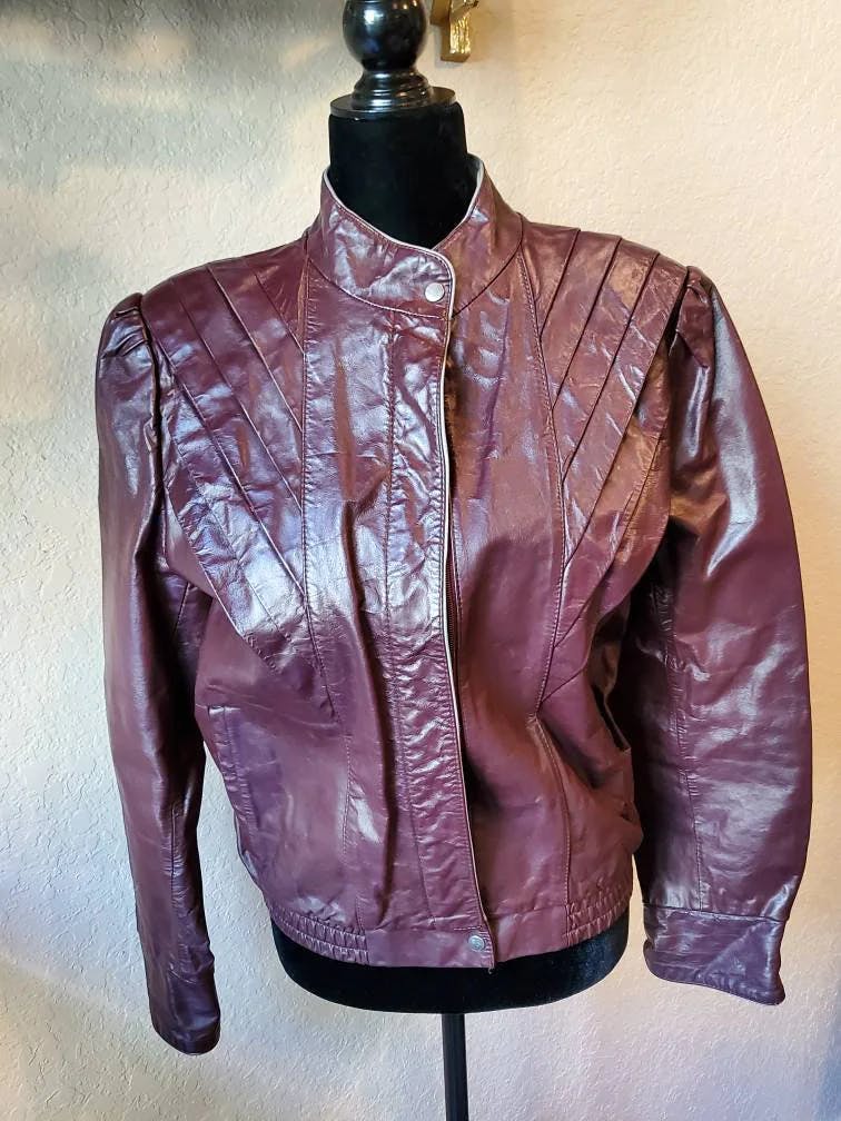 Vintage 80’s Burgundy Leather Bomber Jacket | Shop THRILLING
